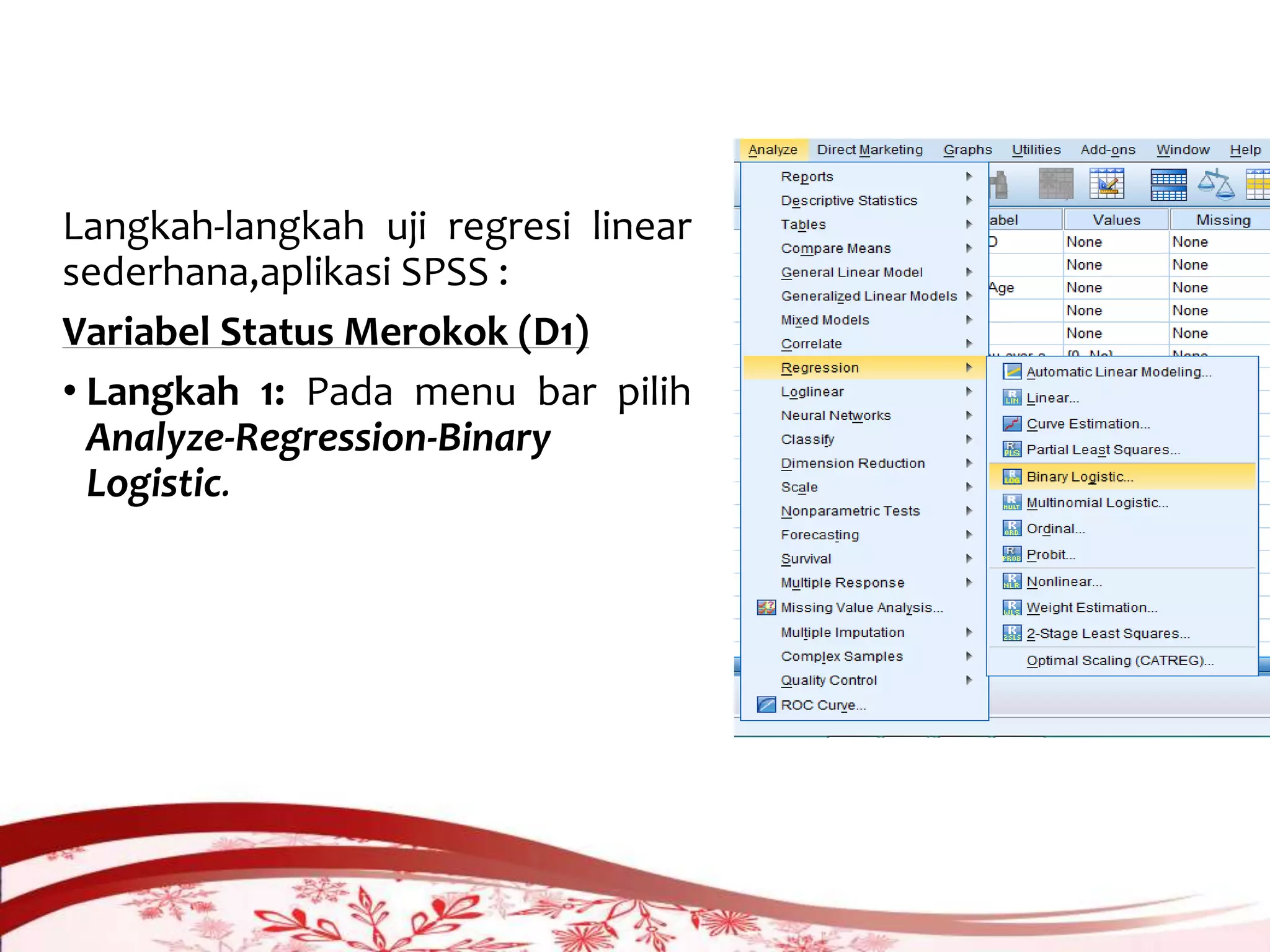 Bab 8 analisis regresi logistik sederhana dengan spss | PPTX