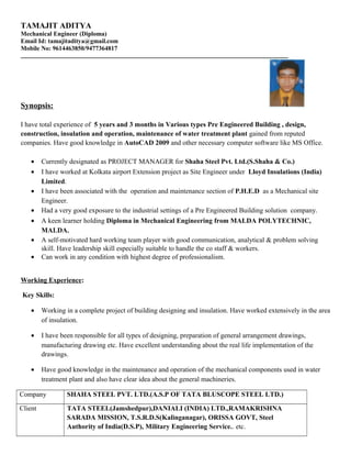 CV OF TAMAJIT ADITYA | DOC | Civil Engineering Industry | Industries