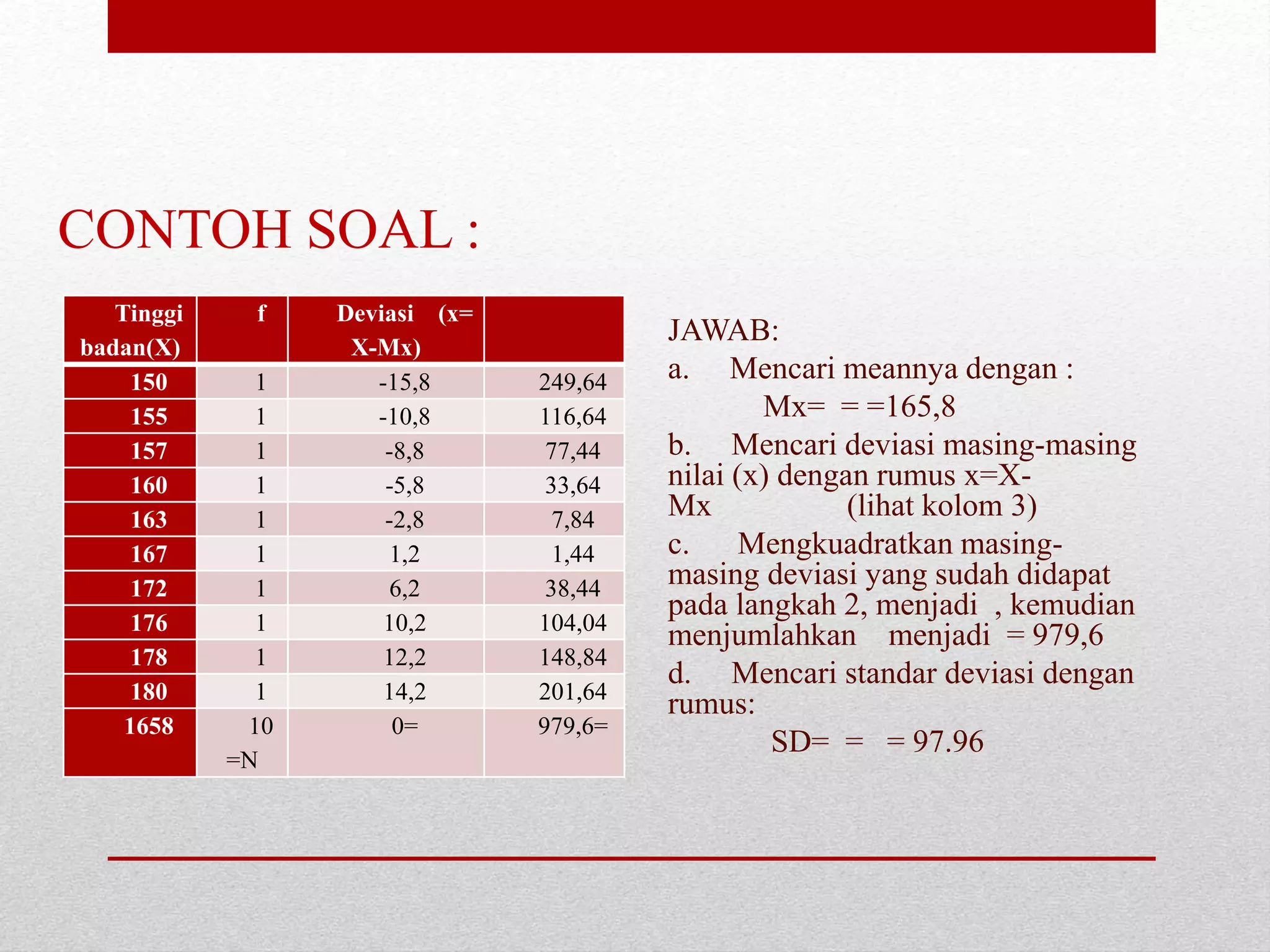 STATISTIKA DESKRIPTIF UKURAN PENYEBARAN DATA ( SIMPANGAN RATA – RATA ...