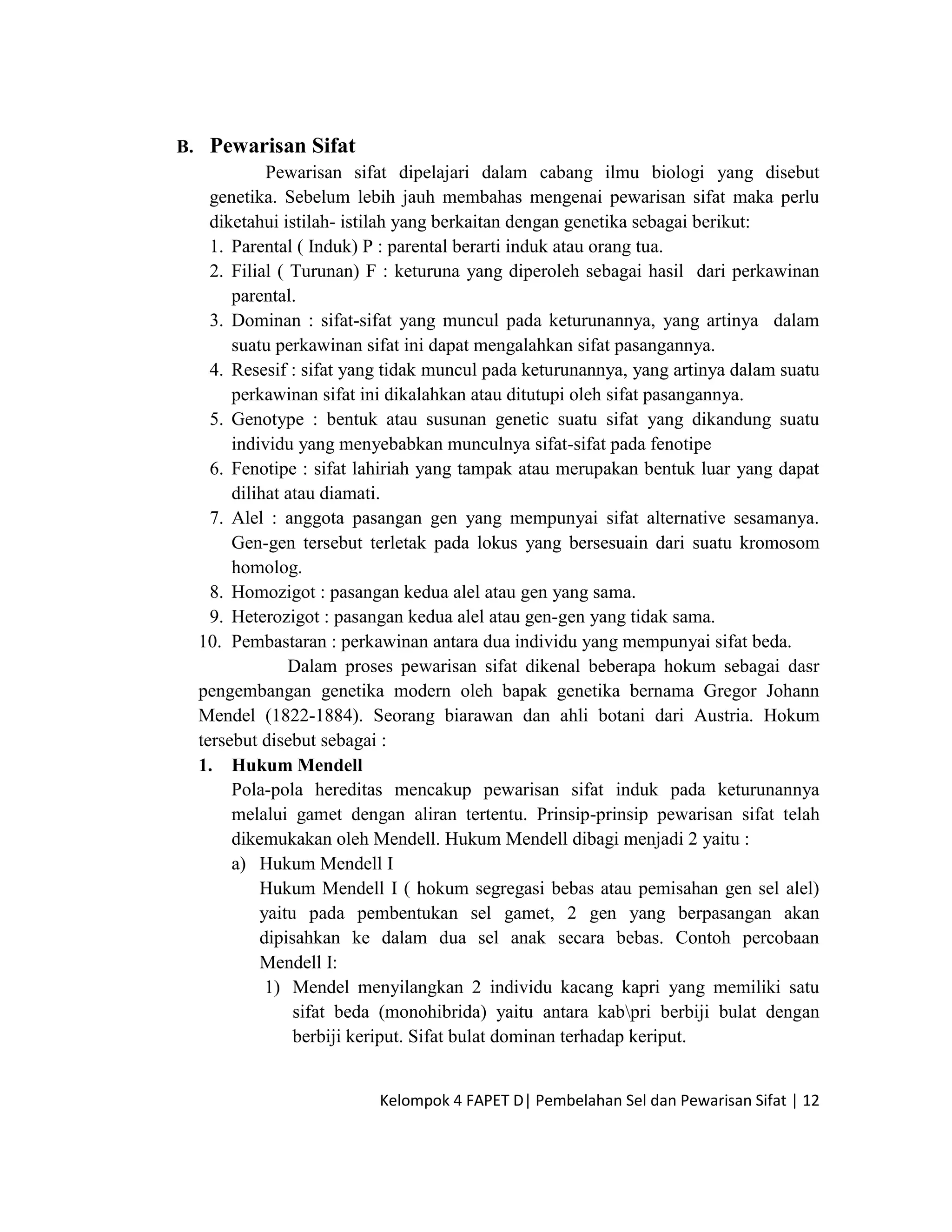 MAKALAH PEMBELAHAN SEL DAN PEWARISAN SIFAT | DOCX