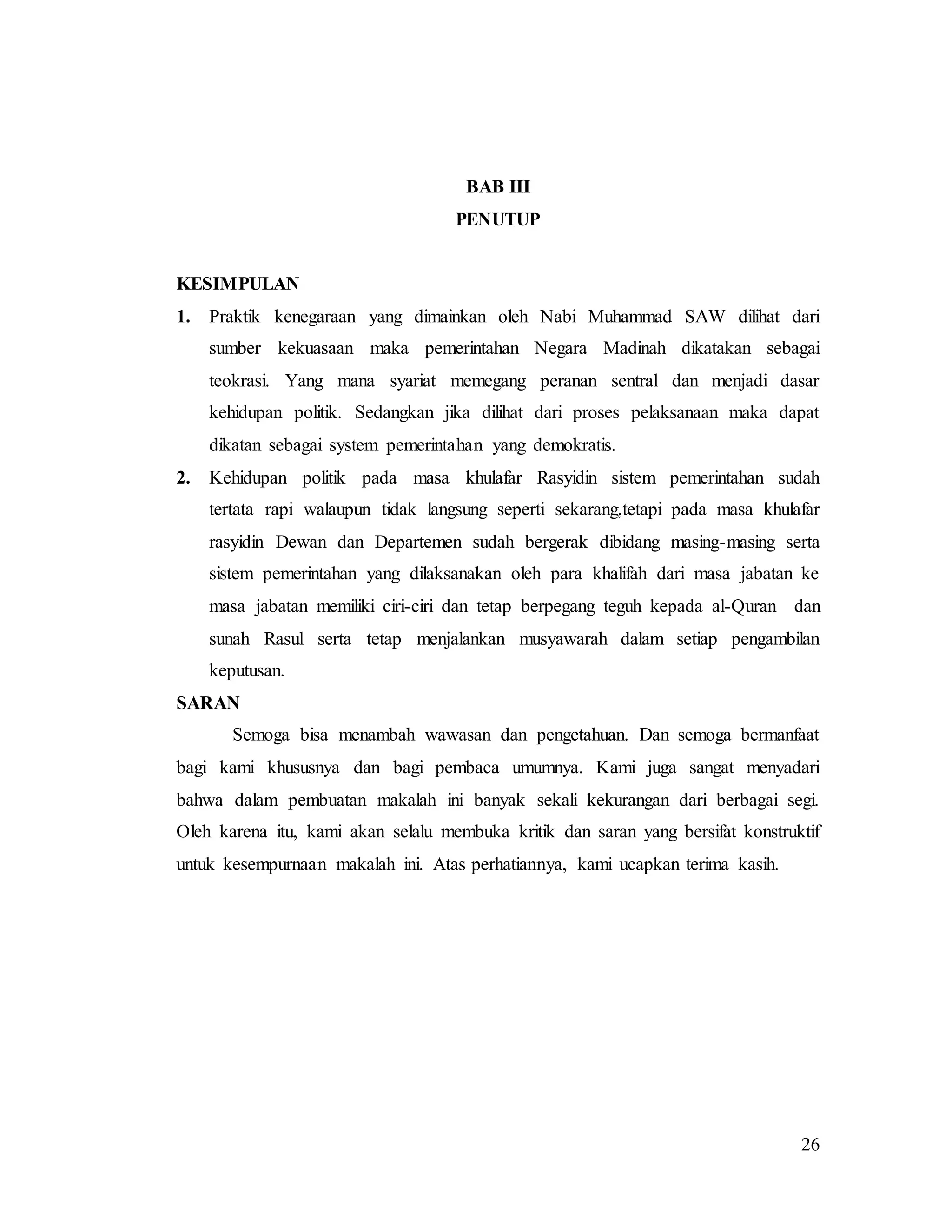 Sistem Pemerintahan Pada Masa Rasulullah SAW dan Khulafaur Rasyidin | DOCX