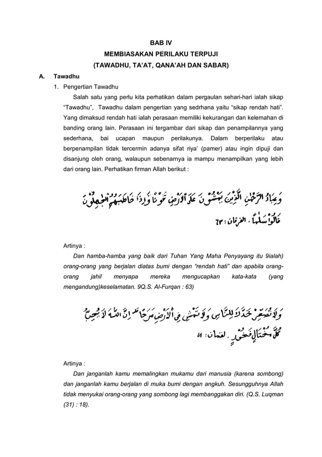 Bab 4 Tawadhu, Ta’at, Qana’ah dan Sabar | PDF