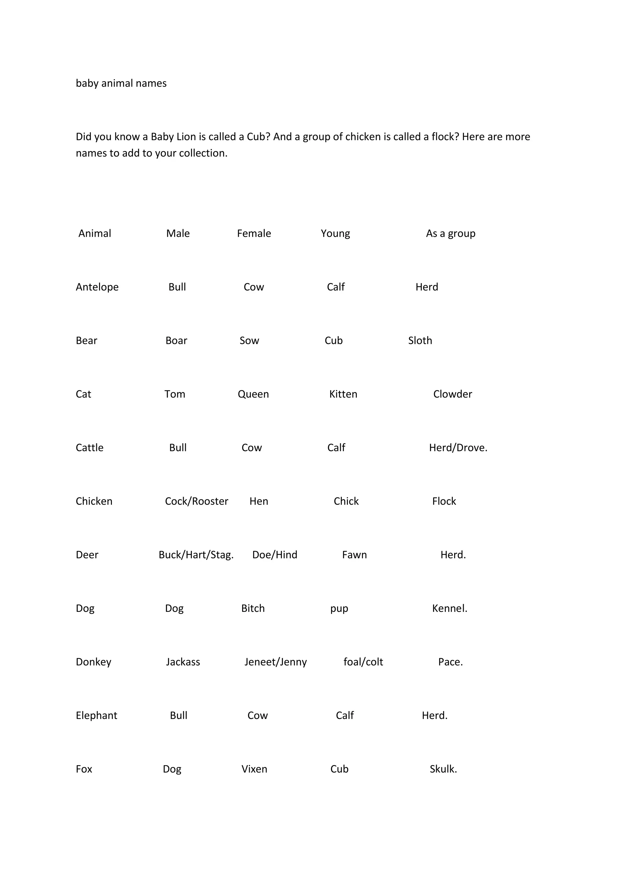 Baby animal names | DOCX