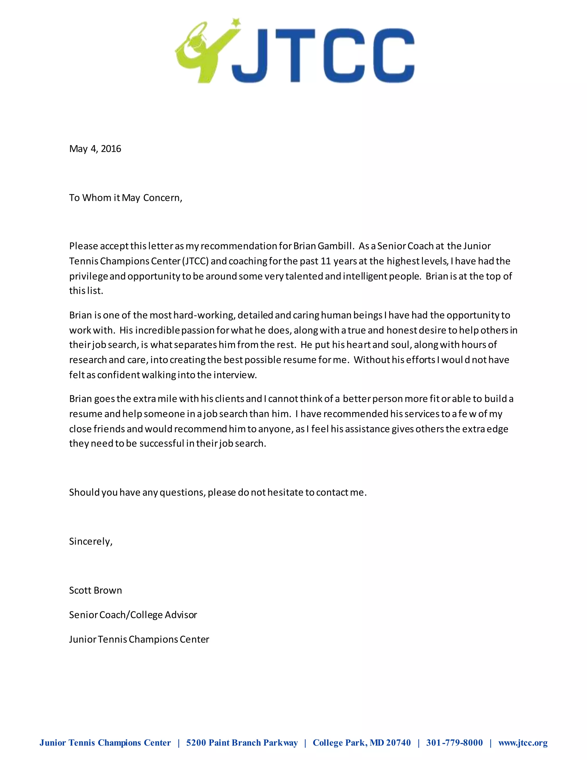 Scott Brown Reference Letter - Senior Coach & College Advisor - Junior ...