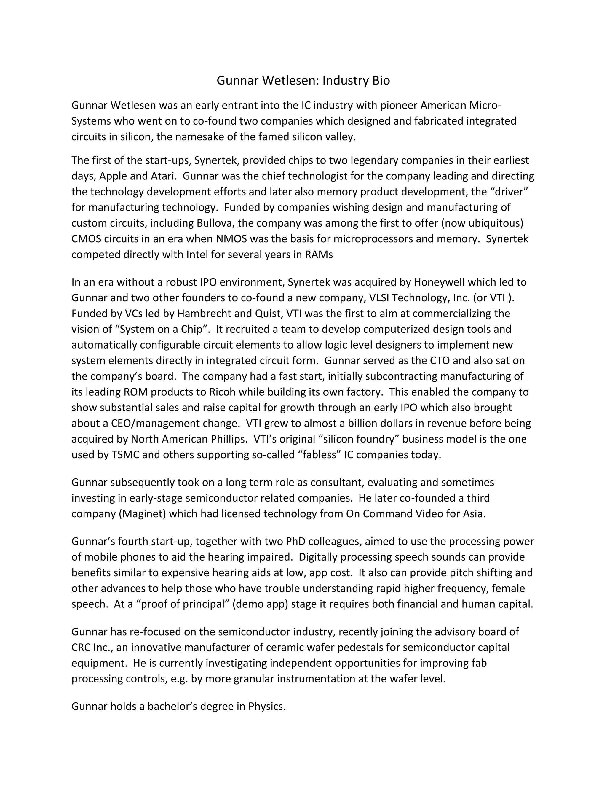 Gunnar Wetlesen Bio | PDF