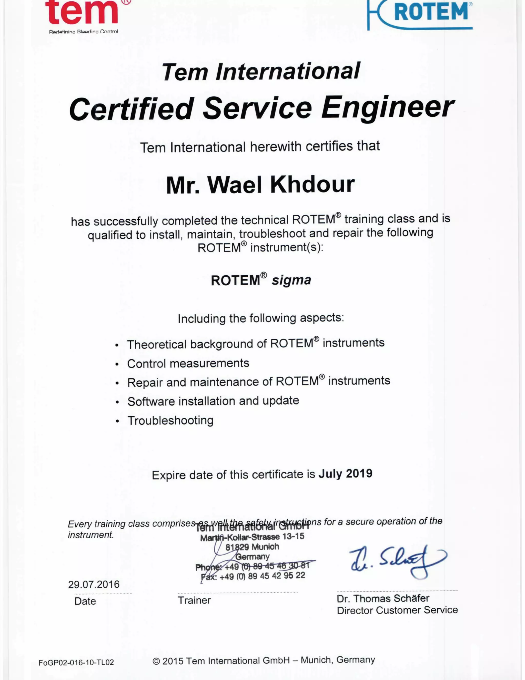 ROTEM Sigma Thromboelastometry Service CERTIFICATE | PDF