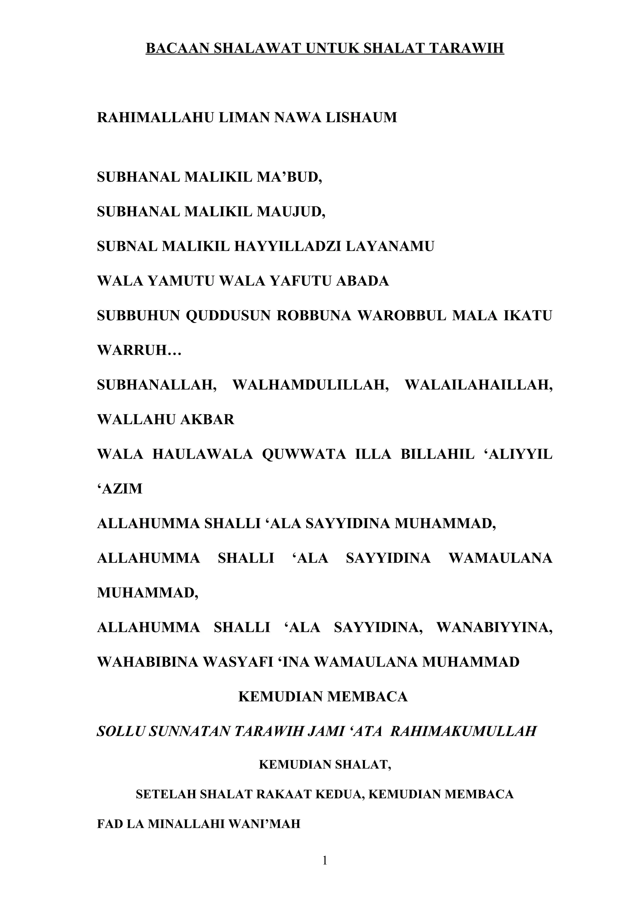 Bacaan shalawat untuk shalat tarawih | DOC