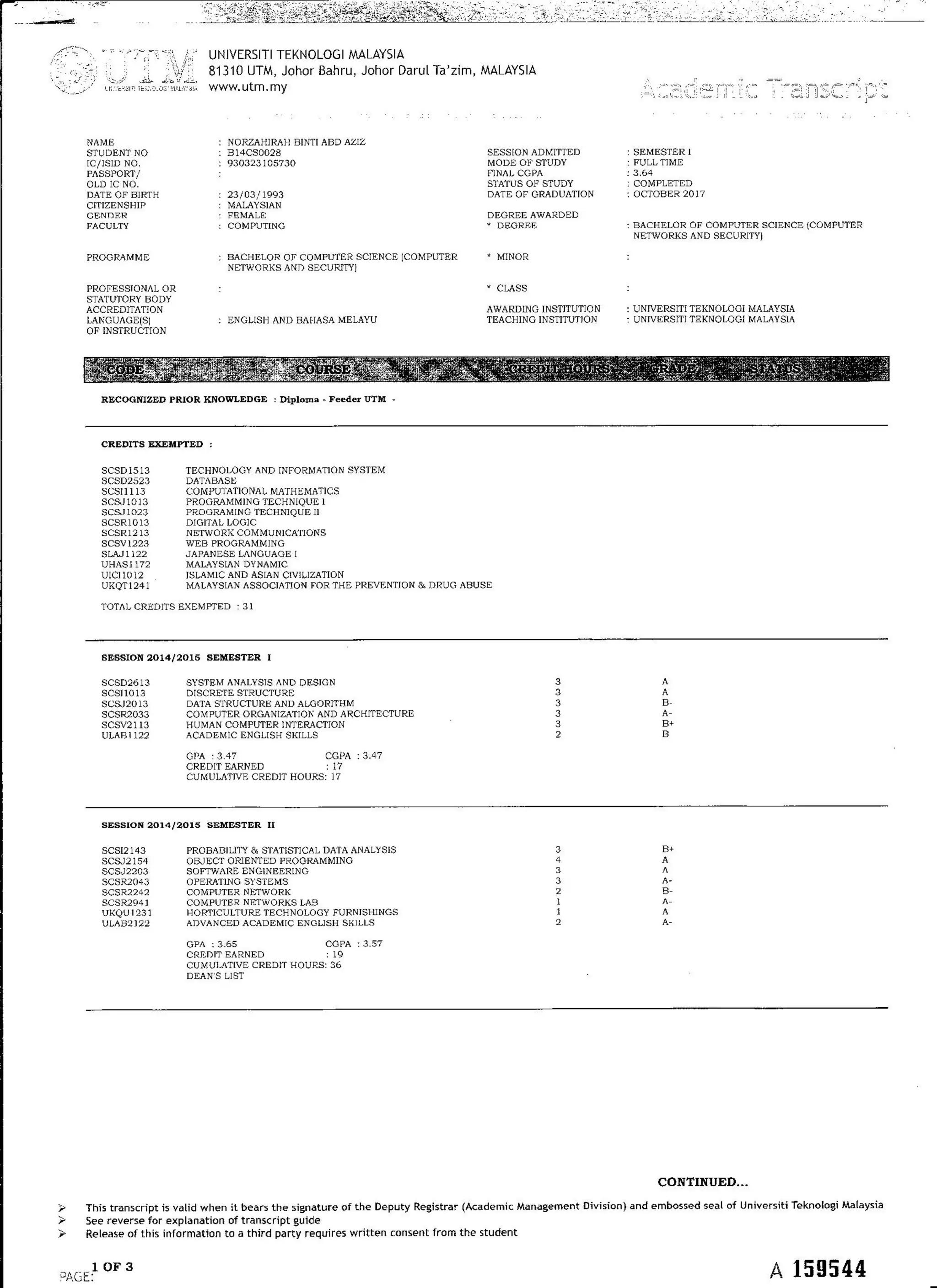 Bach degree transcript | PDF