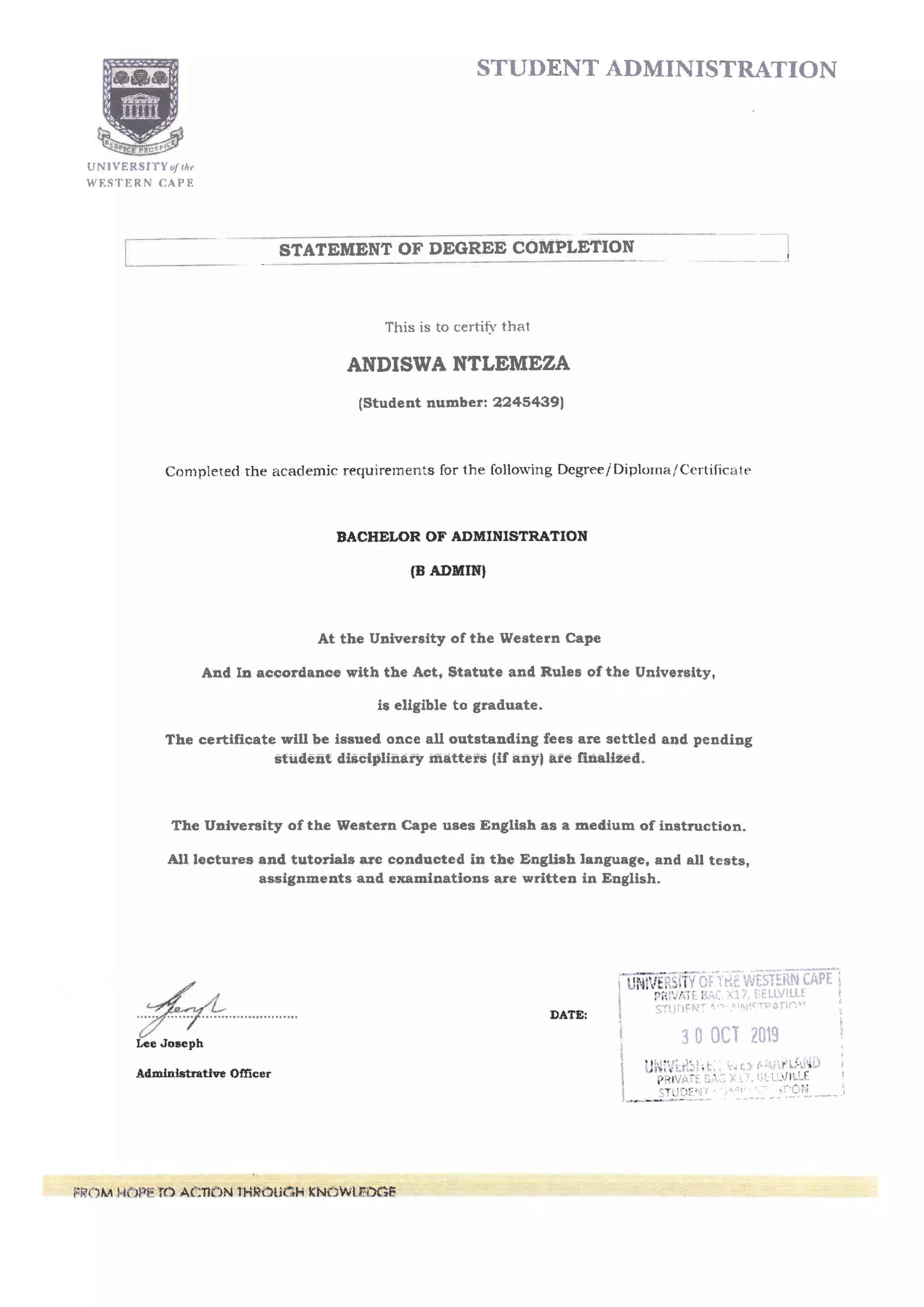 Bachelor of administration completion letter | PDF