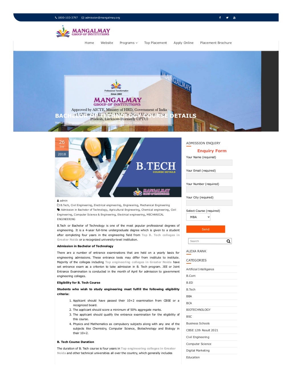 Bachelor of technology course details