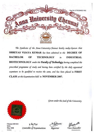 Shreyas Kumar Bachelors Degree | PDF