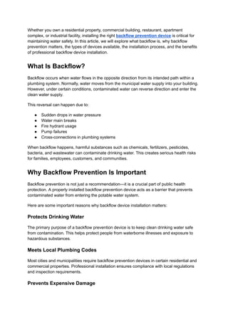 Comprehensive Guide to Backflow Device Installation for Water Safety | PDF