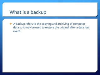 Backing storage | PPTX | Data Storage and Warehousing | Computing