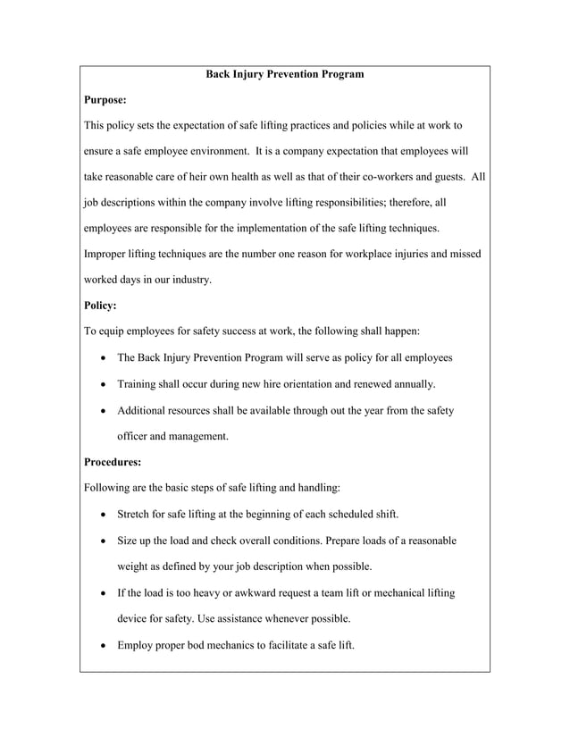 Back injury prevention program policy | PDF