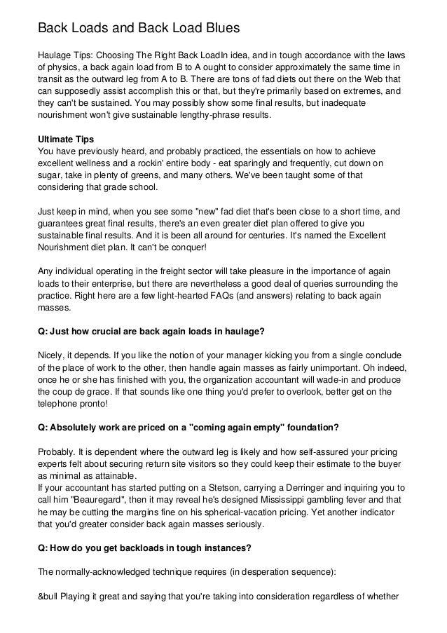 Back Loads and Back Load Blues