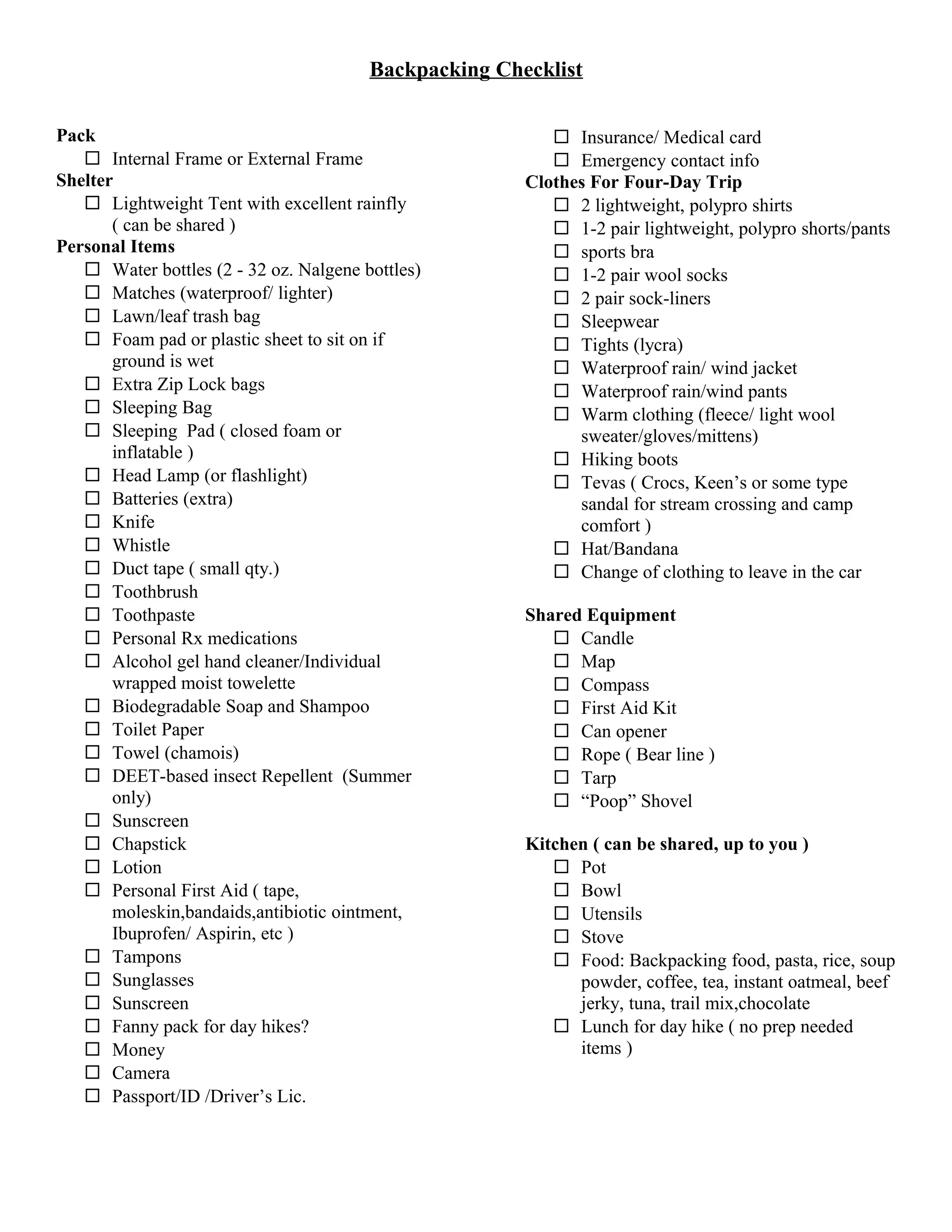 Backpacking checklist cole | PDF