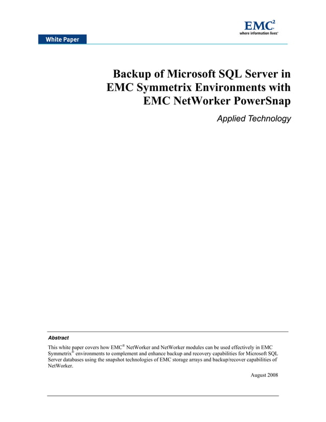 Backup of Microsoft SQL Server in EMC Symmetrix Environments ... | PDF ...