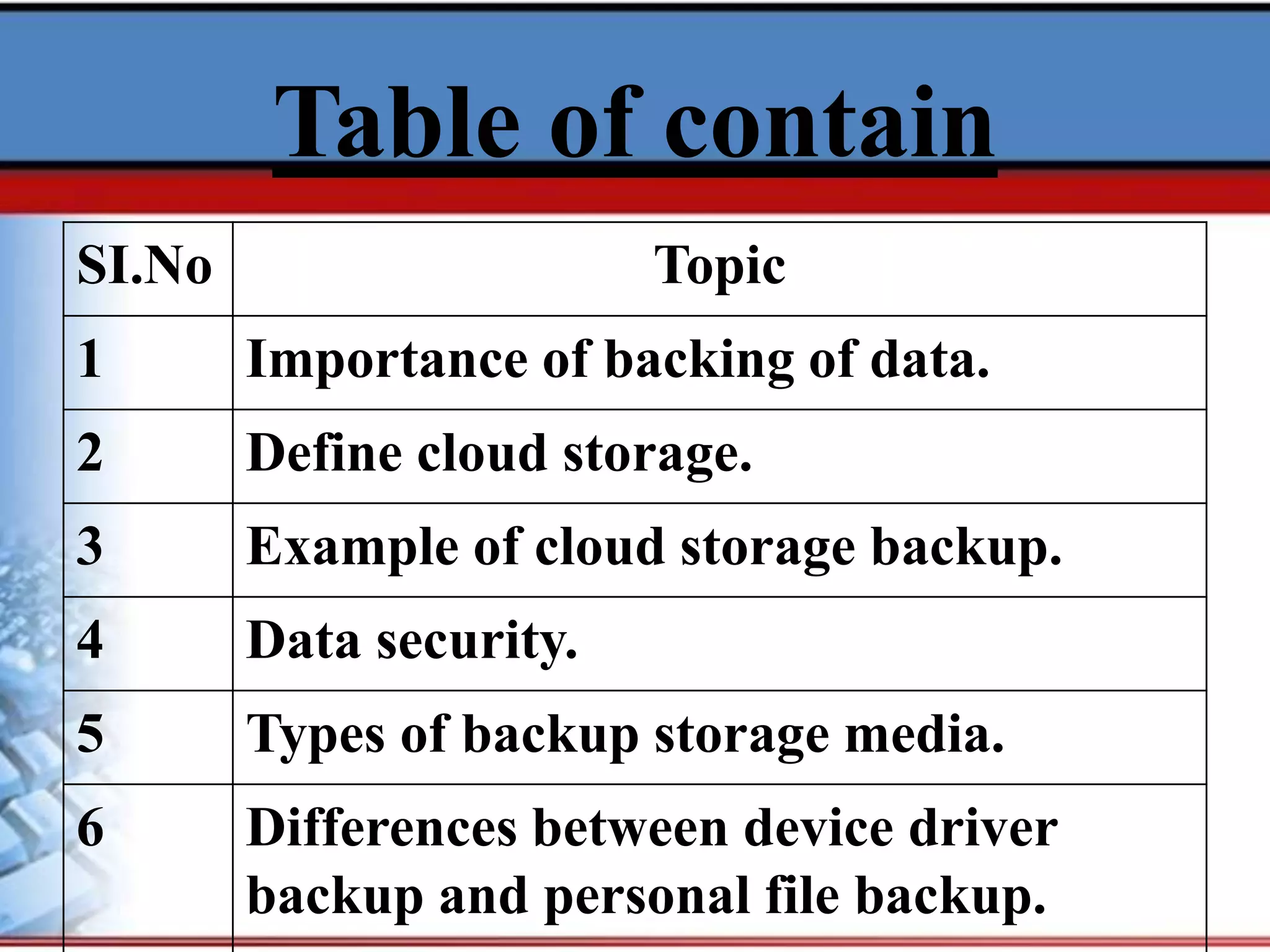 Backup Data (cloud storage).pptx | Data Storage and Warehousing | Computing