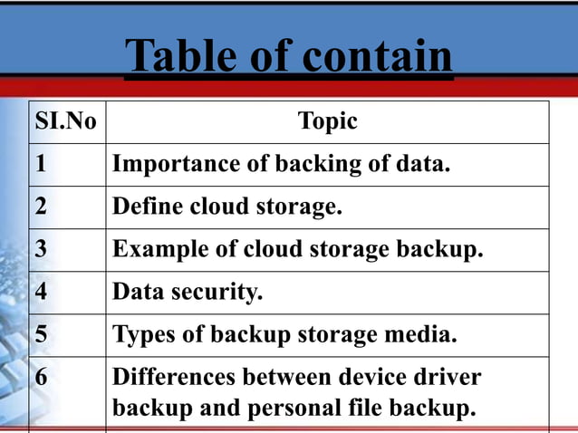 Backup Data (cloud storage).pptx | Data Storage and Warehousing | Computing