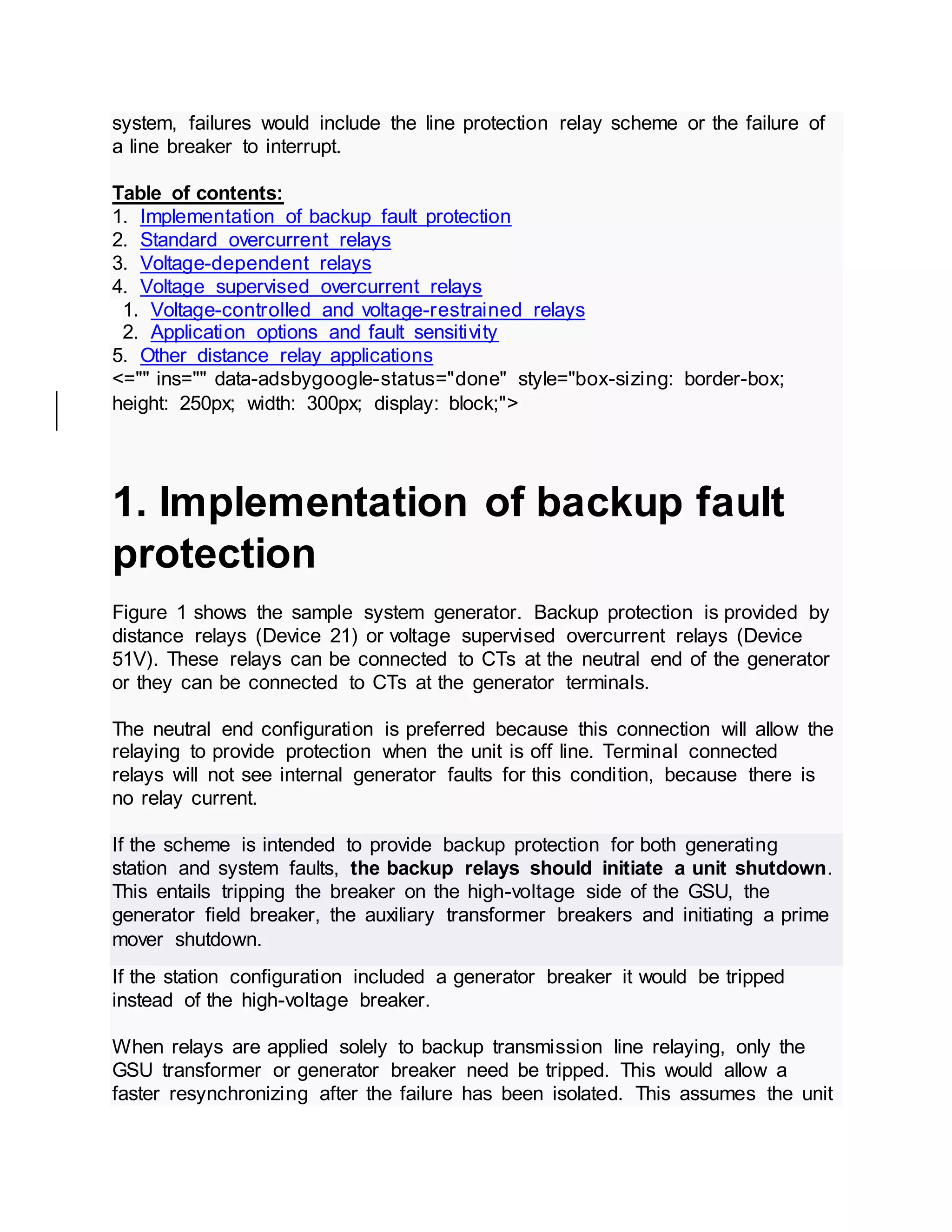 Backup fault protection for generators in case of a failure at the generation station | PDF