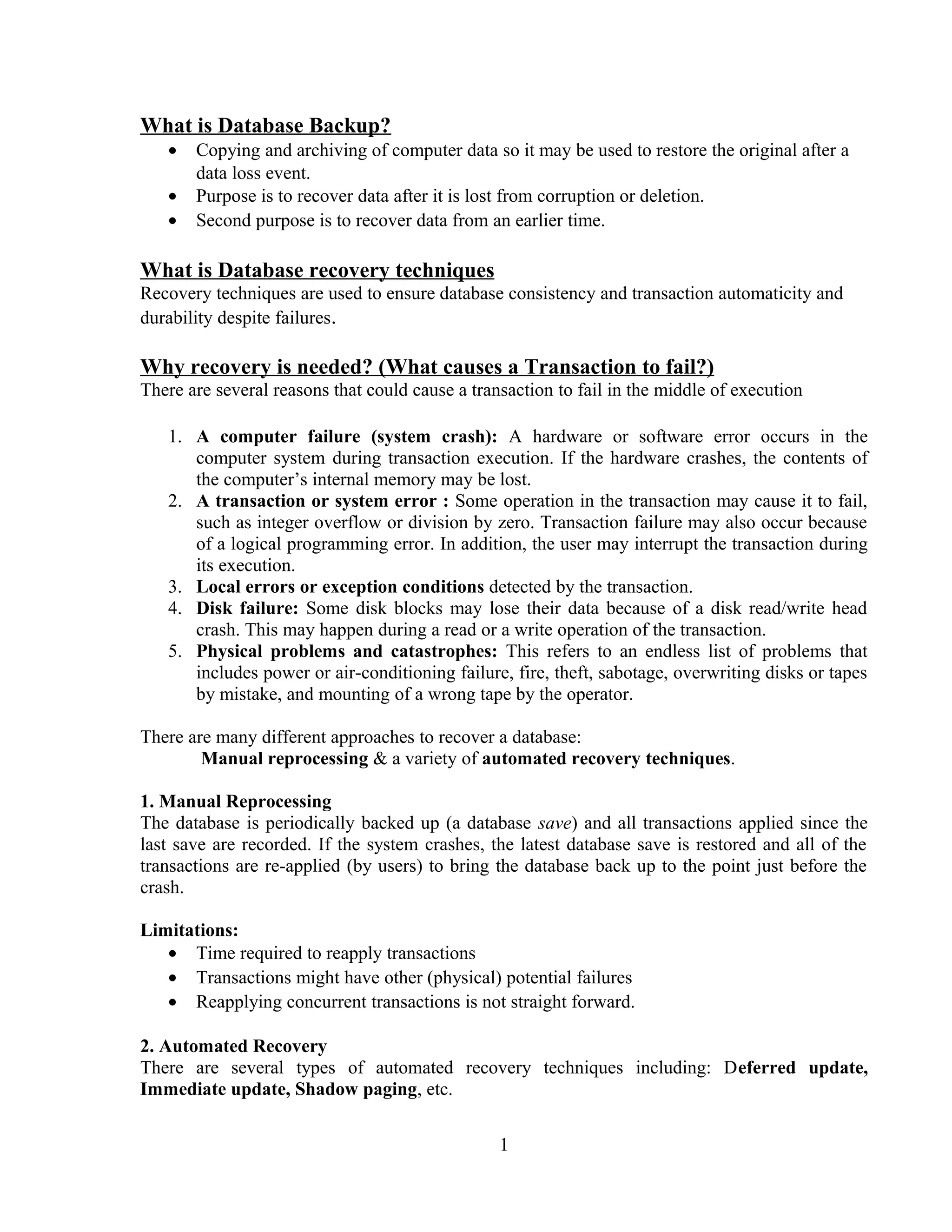 What is Database Backup? The 3 Important Recovery Techniques from transaction failures | PDF