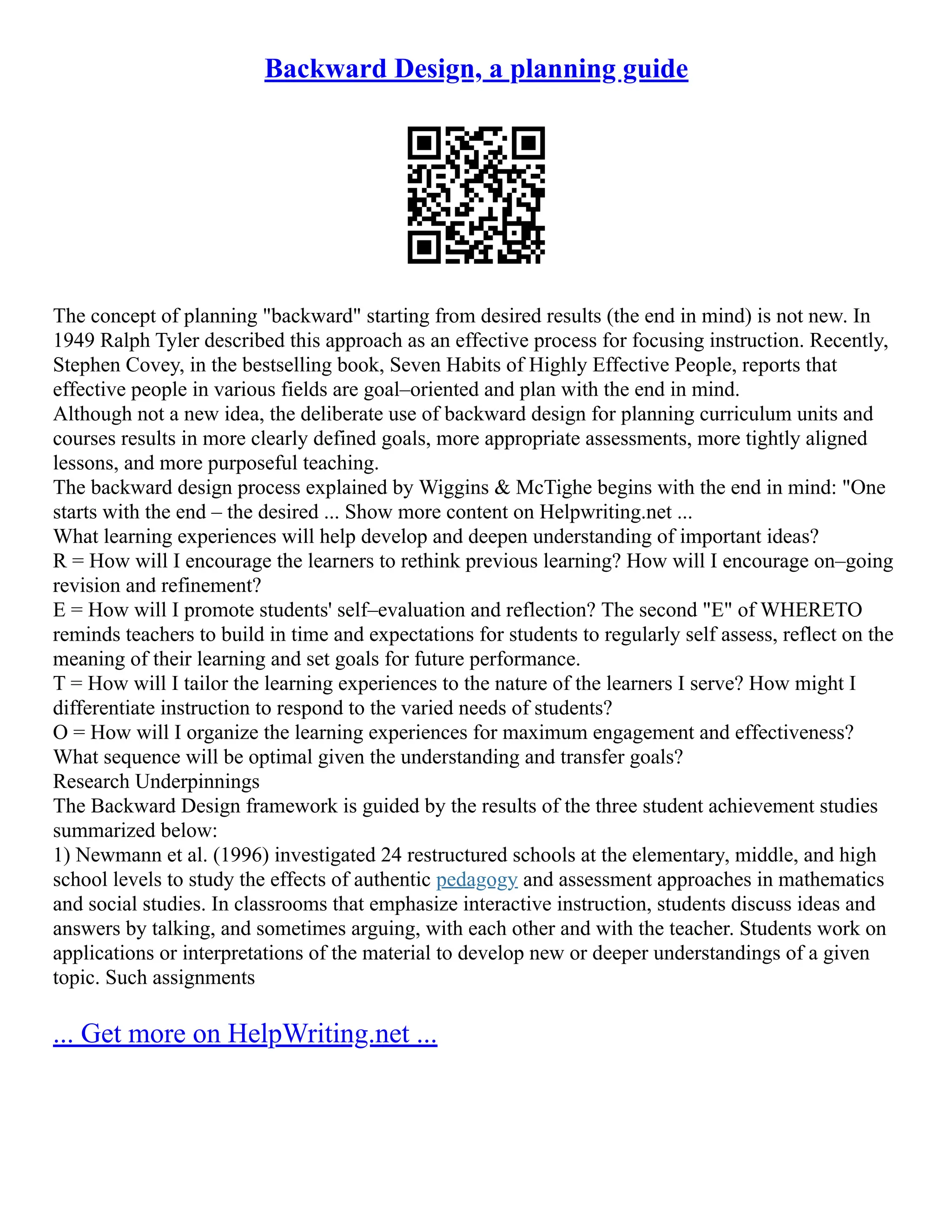 Backward Design, A Planning Guide | PDF