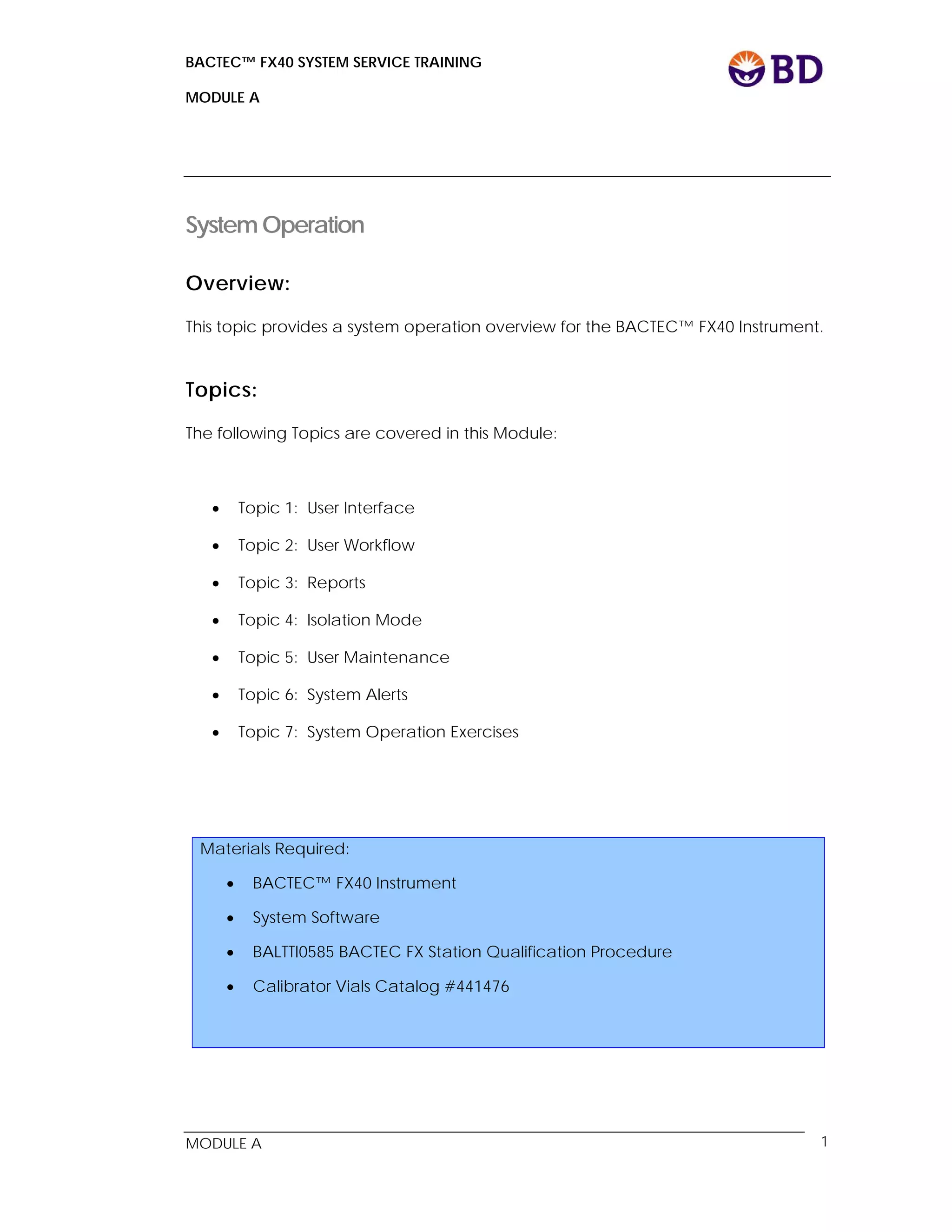 BD BACTEC FX40 system service training | PDF