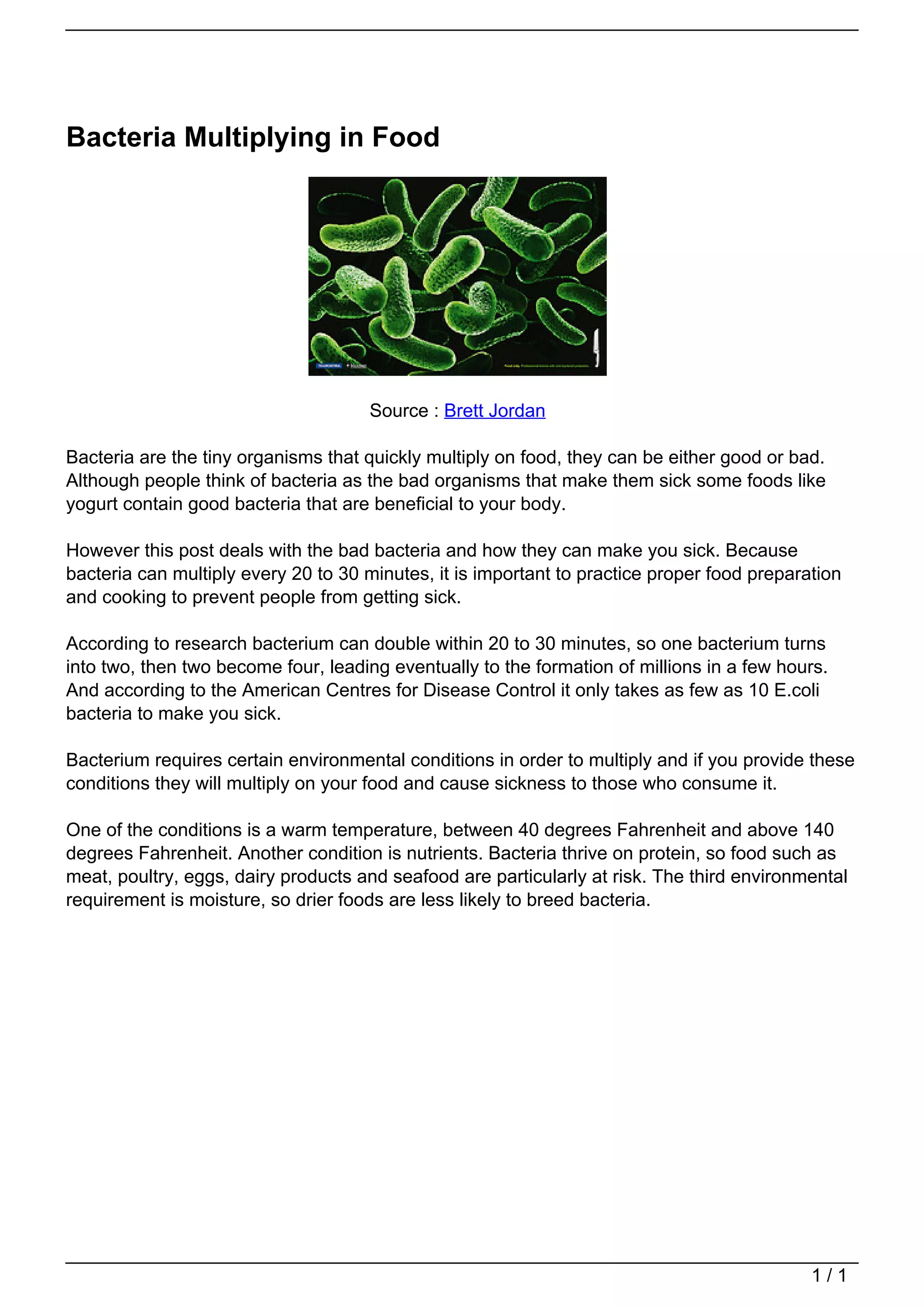 Bacteria Multiplying in Food | PDF