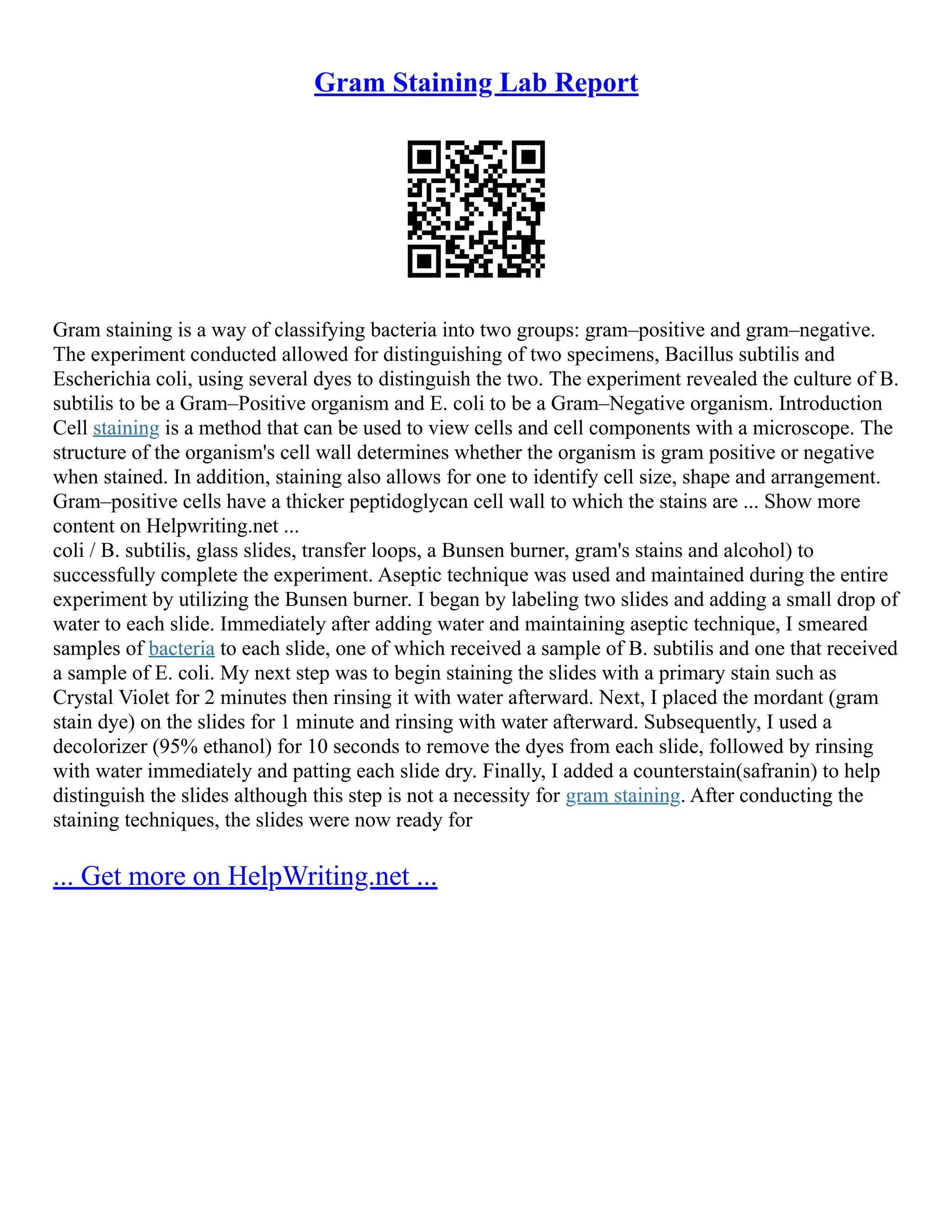 Bacteria Classification By Gram Staining Essay | PDF