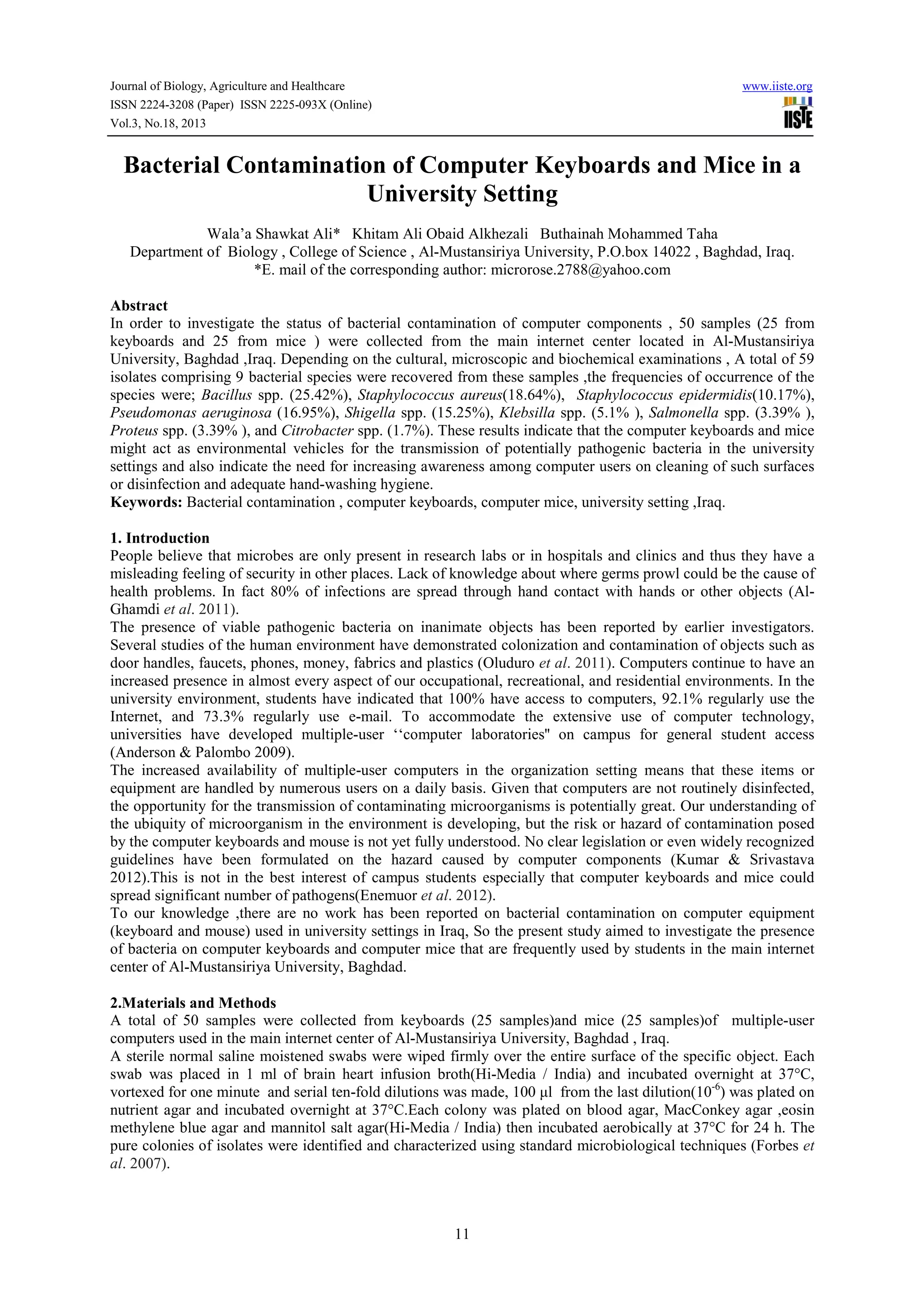 Bacterial contamination of computer keyboards and mice in a university ...