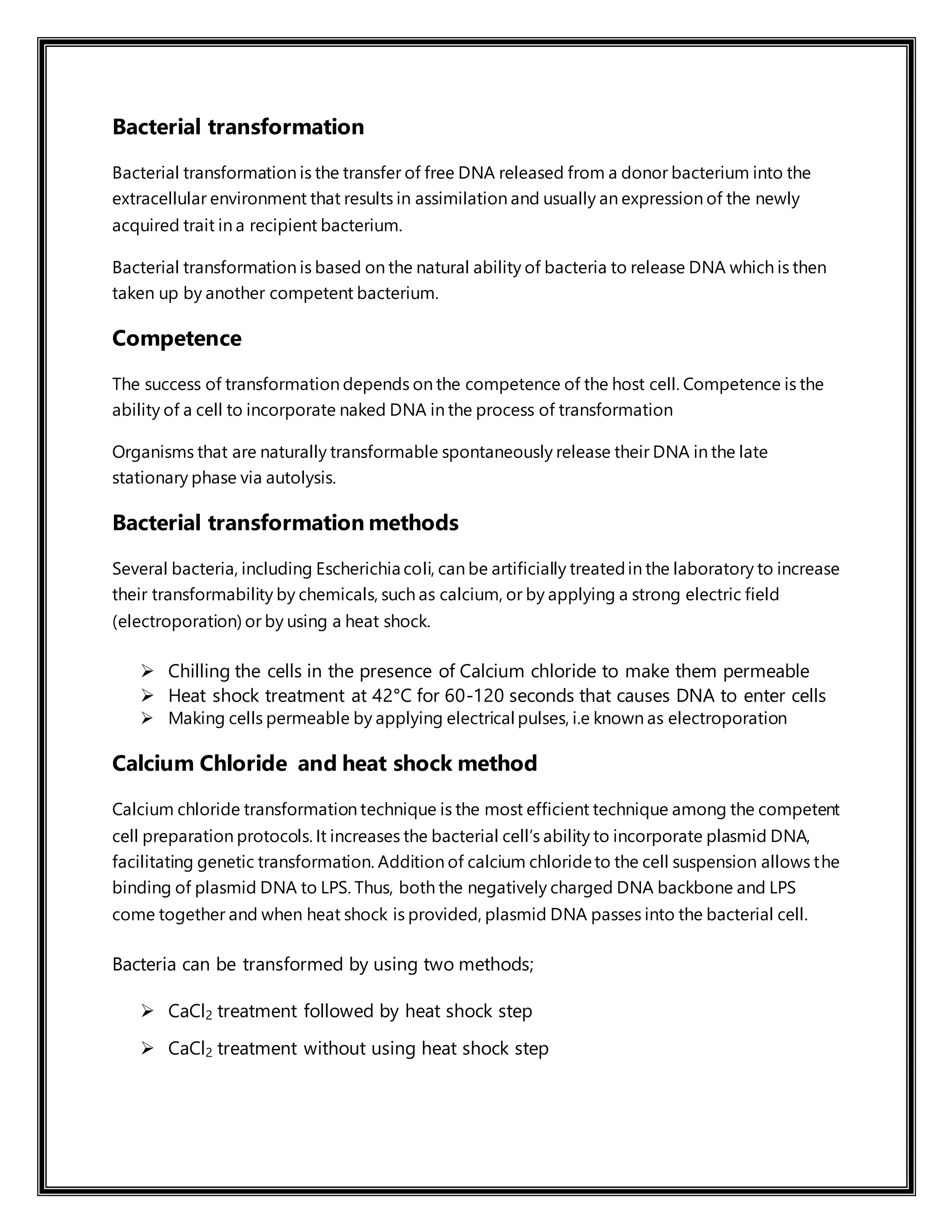 Bacterial transformation is the transfer of free dna released from a ...