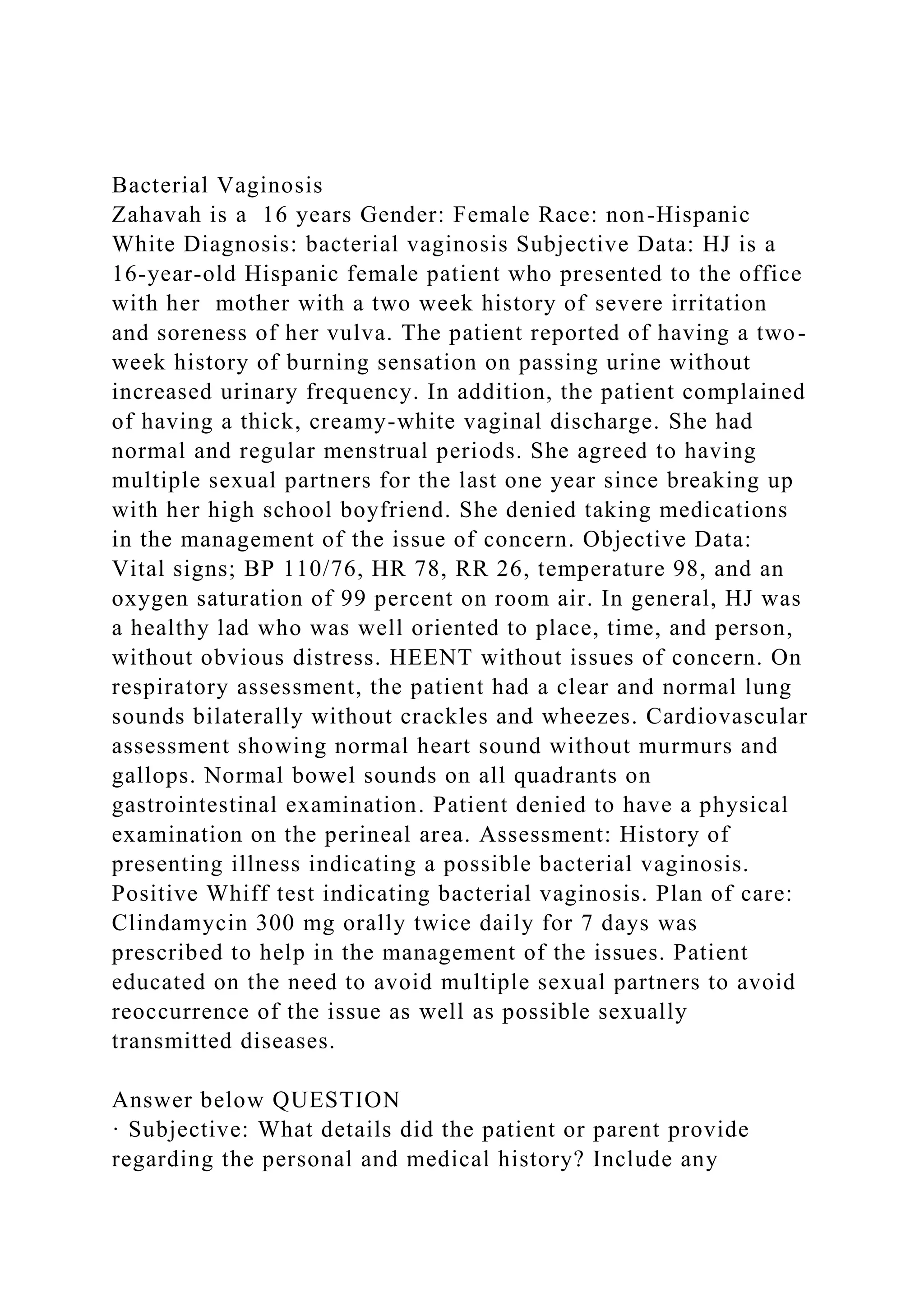 Bacterial Vaginosis Zahavah is a 16 years Gender Female Race .docx