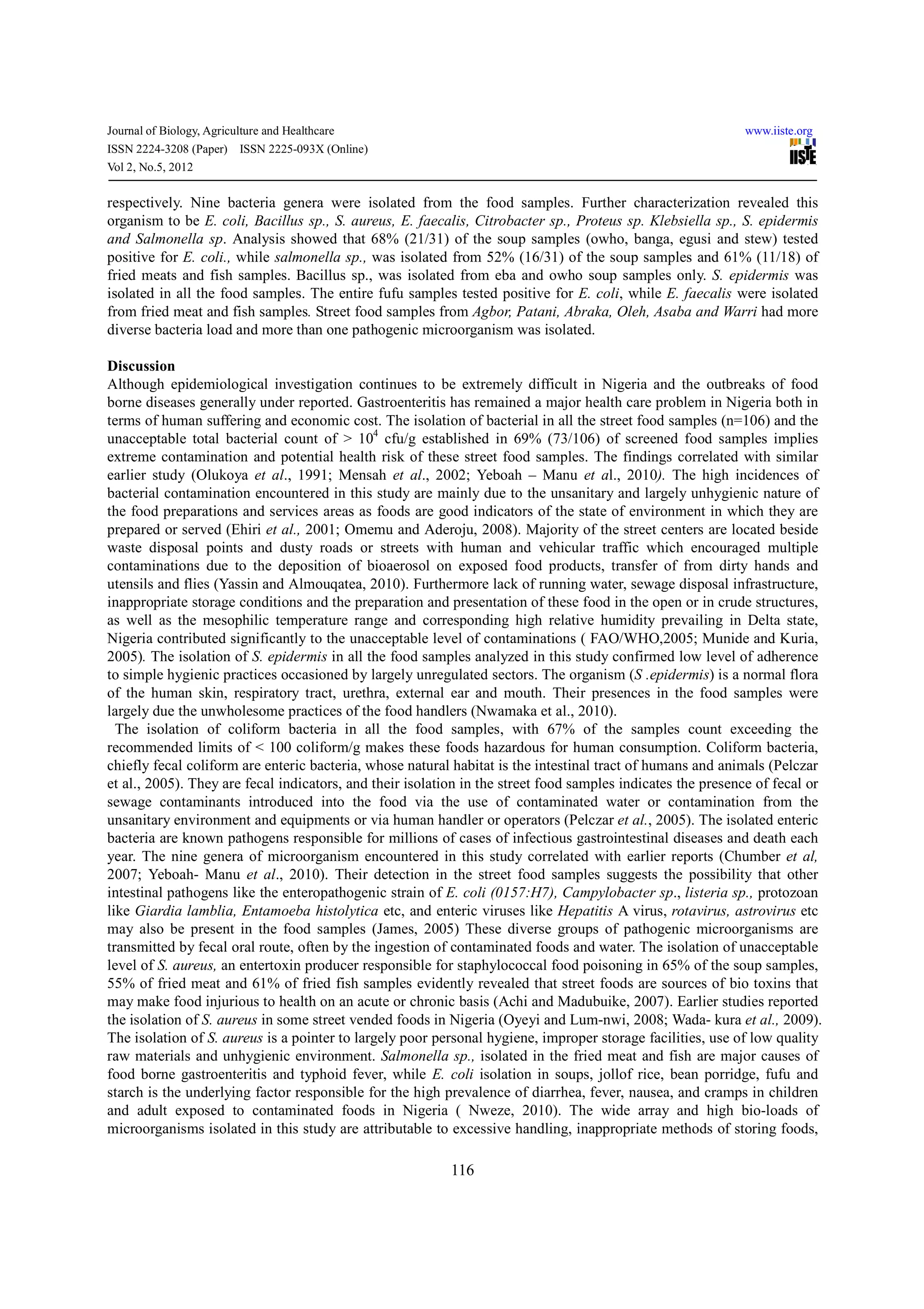 Bacteriological quality and safety of street vended foods in delta state, nigeria | PDF