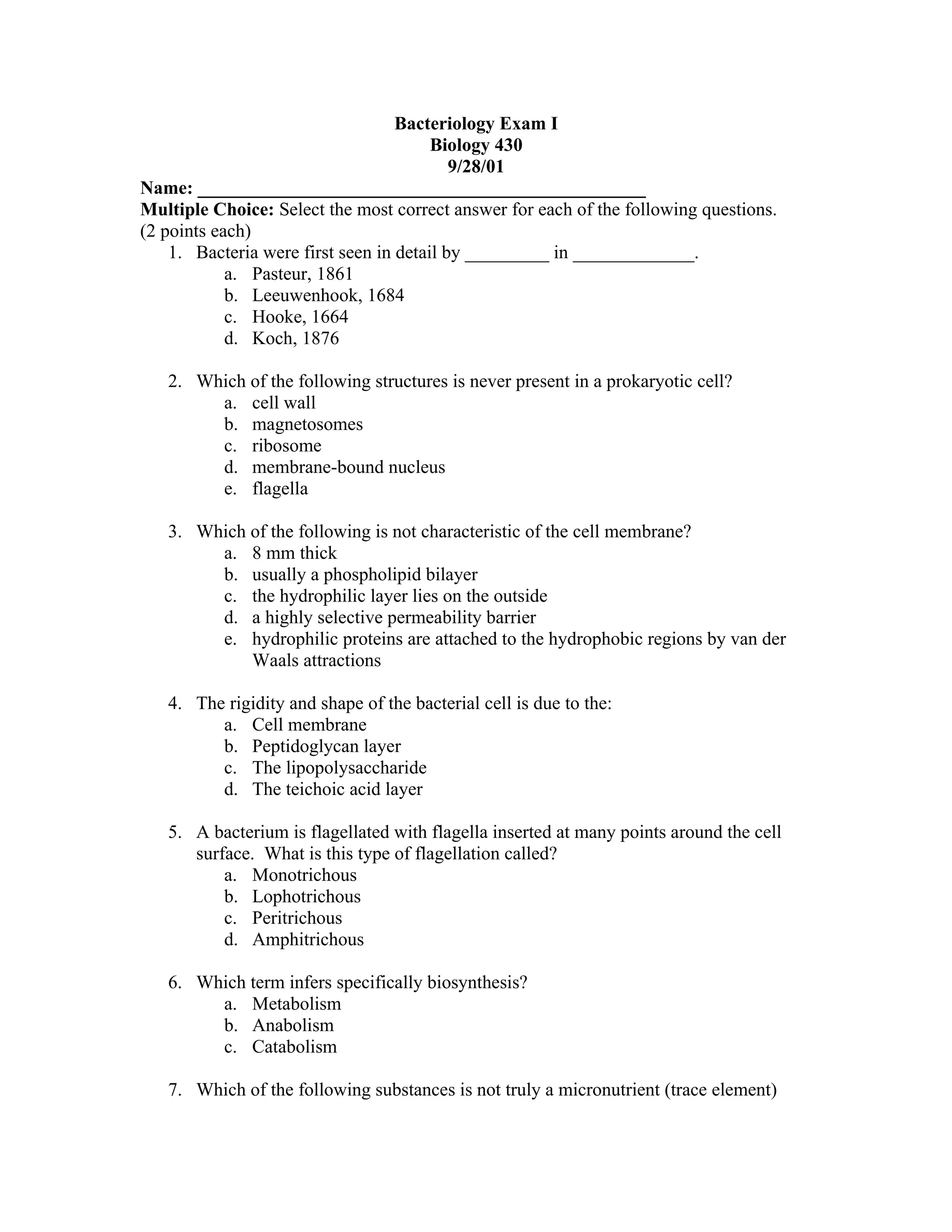 Bacteriology exam (1) examination | DOC