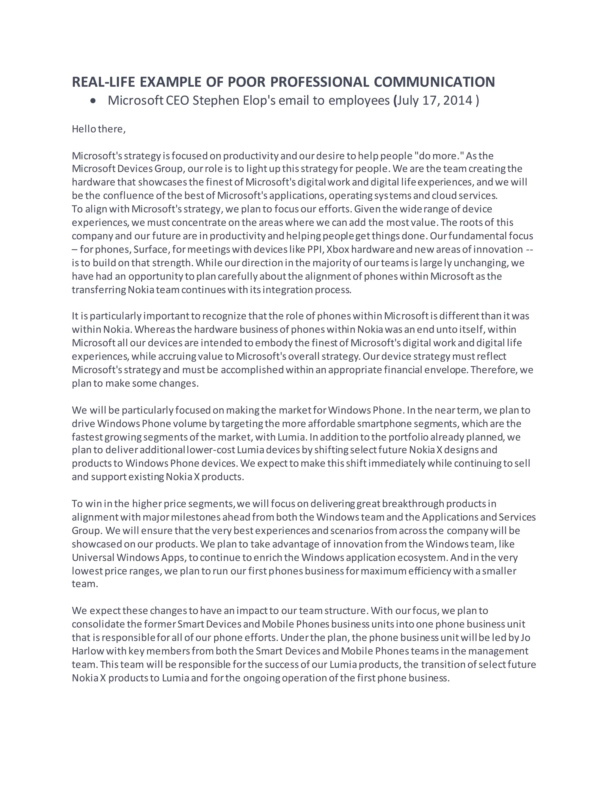 Bad Professional Writing Example - Microsoft Email | DOCX