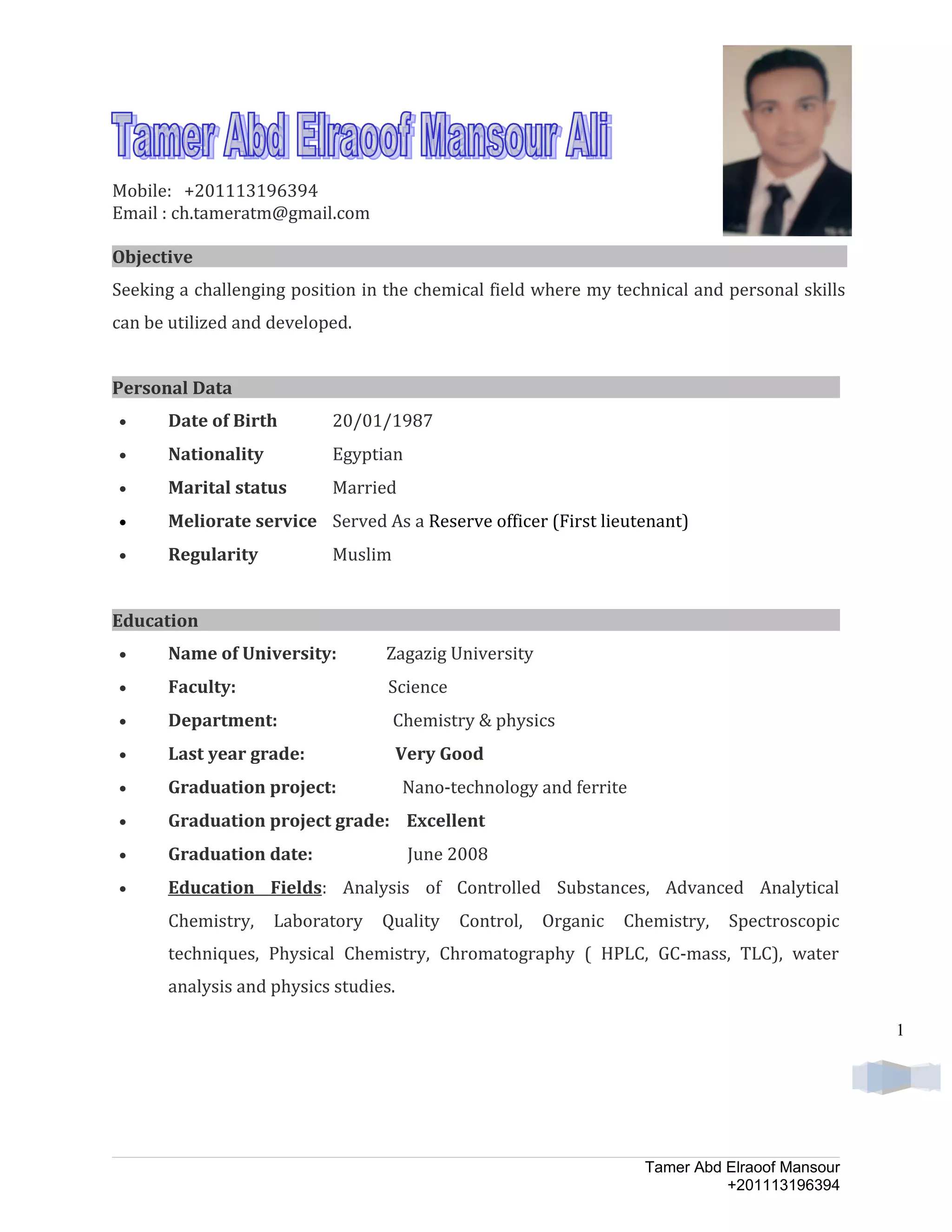 Tamer raoof cv | DOC | Chemistry | Science