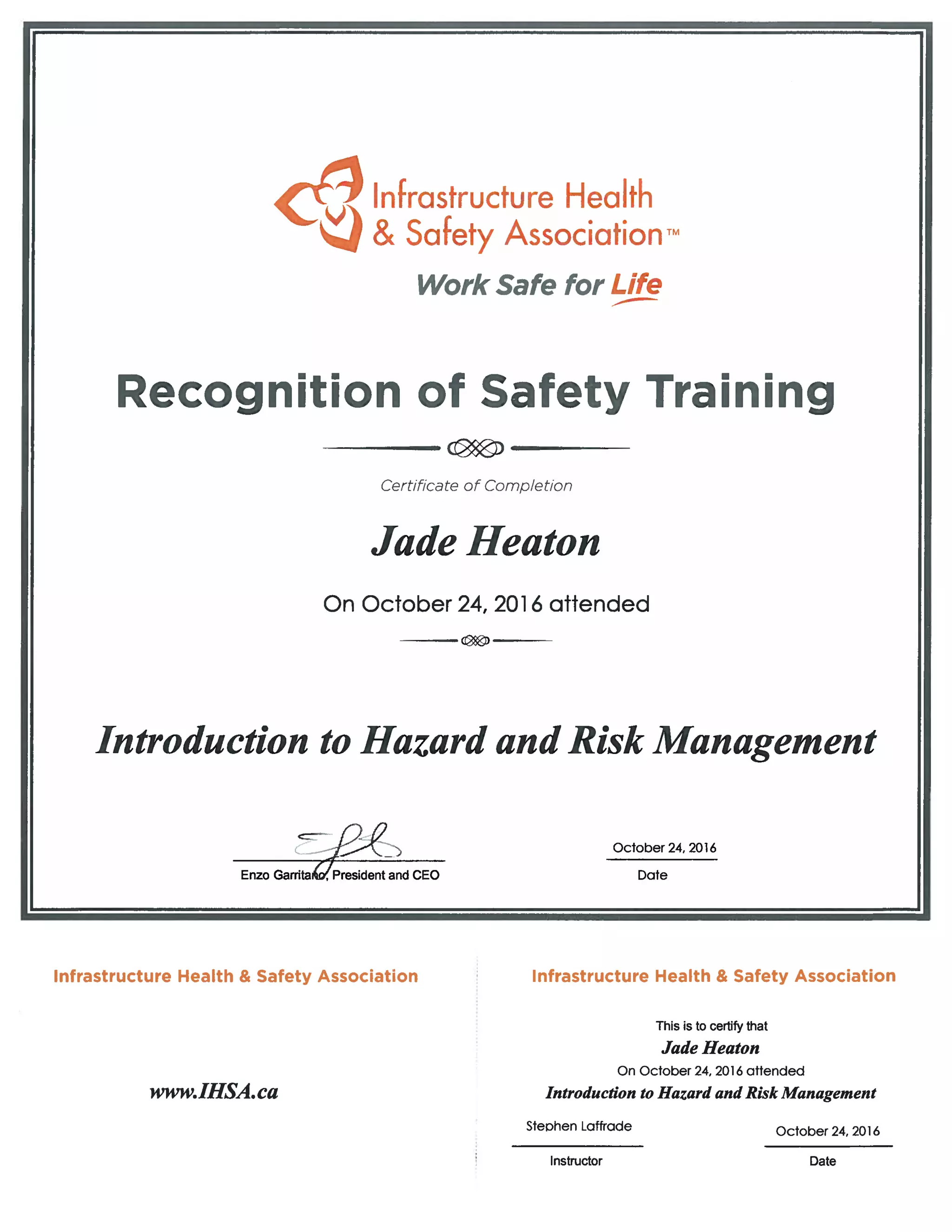 IHSA Certificate - Introduction to Hazard and Risk Management | PDF