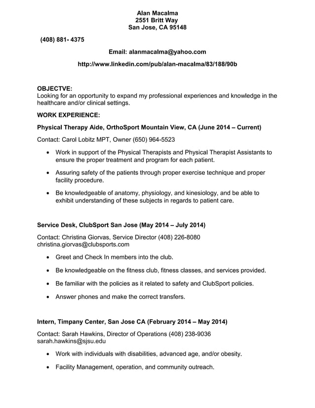 Alan Macalma Resume kin | DOC | Physical Therapy | Wellness