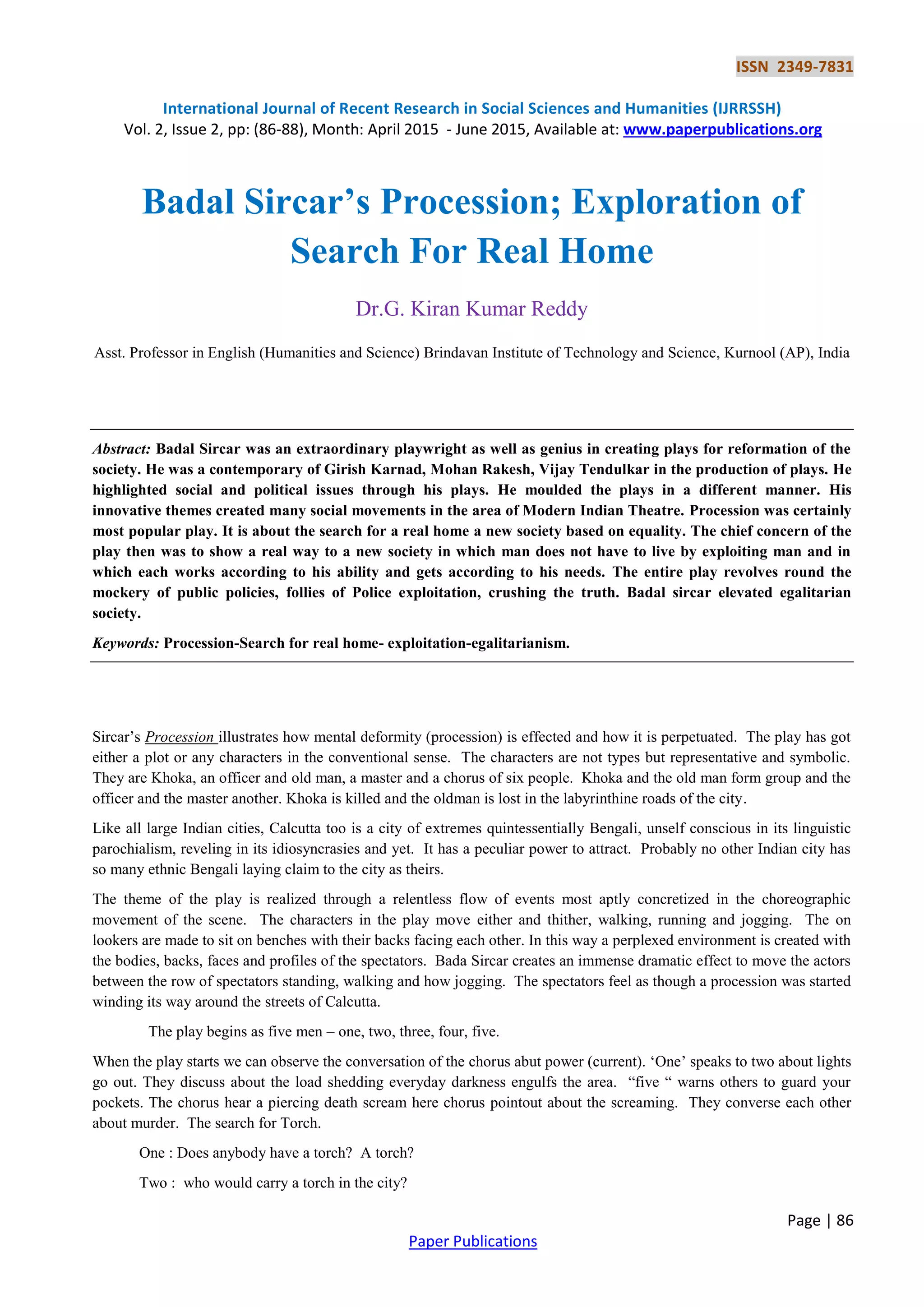 Badal Sircar’s Procession; Exploration of Search For real Home | PDF