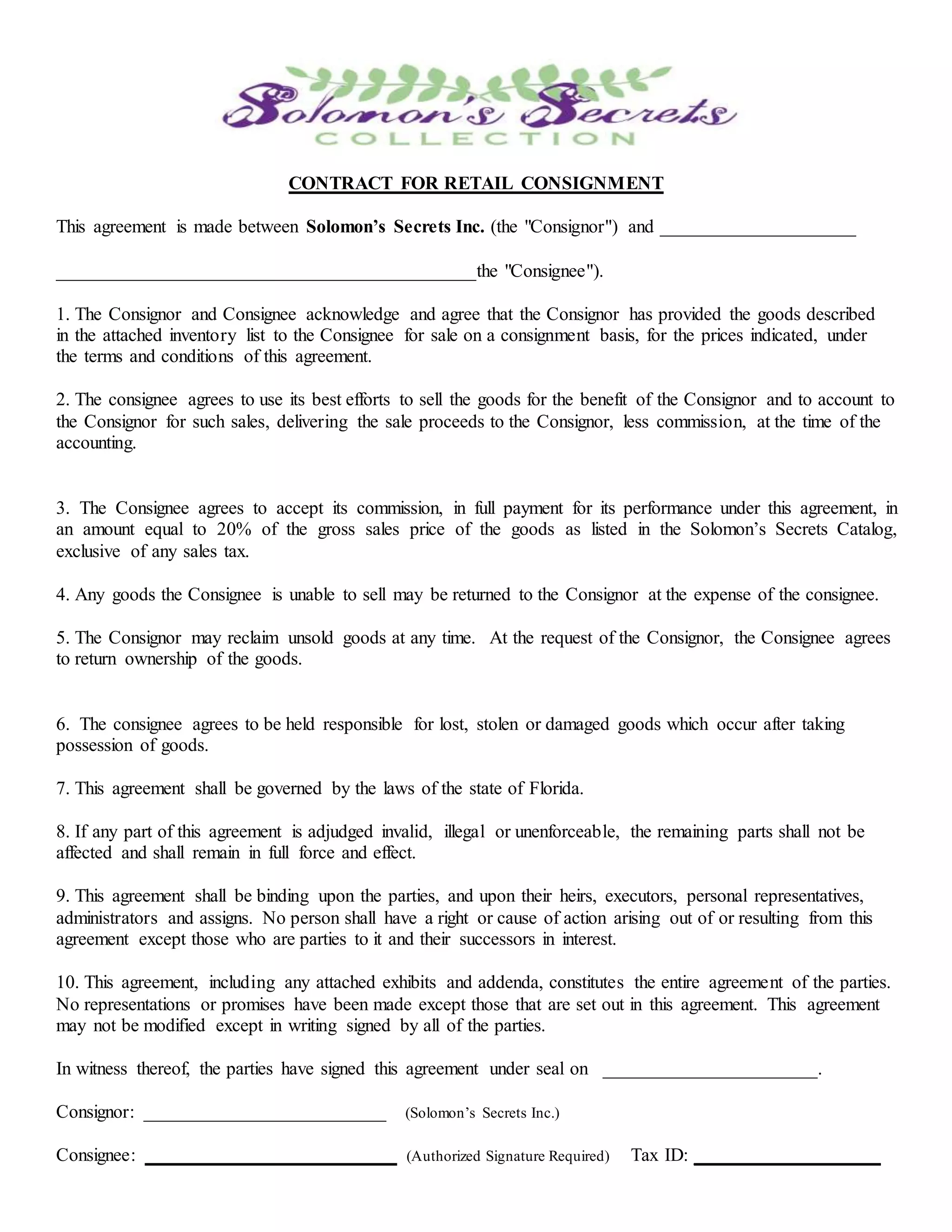 Solomnon Secret RETAIL CONSIGNMENT CONTRACT | DOCX