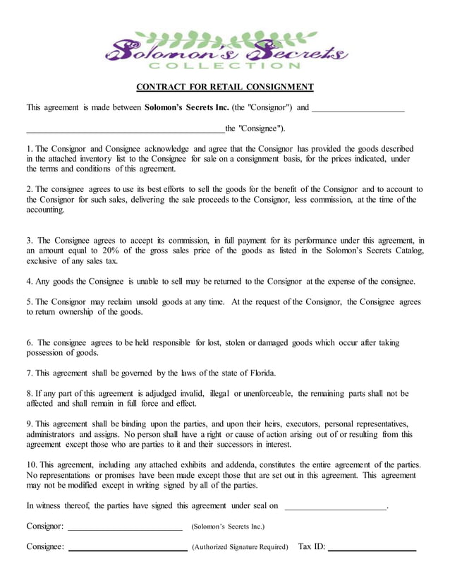 Solomnon Secret RETAIL CONSIGNMENT CONTRACT | PDF