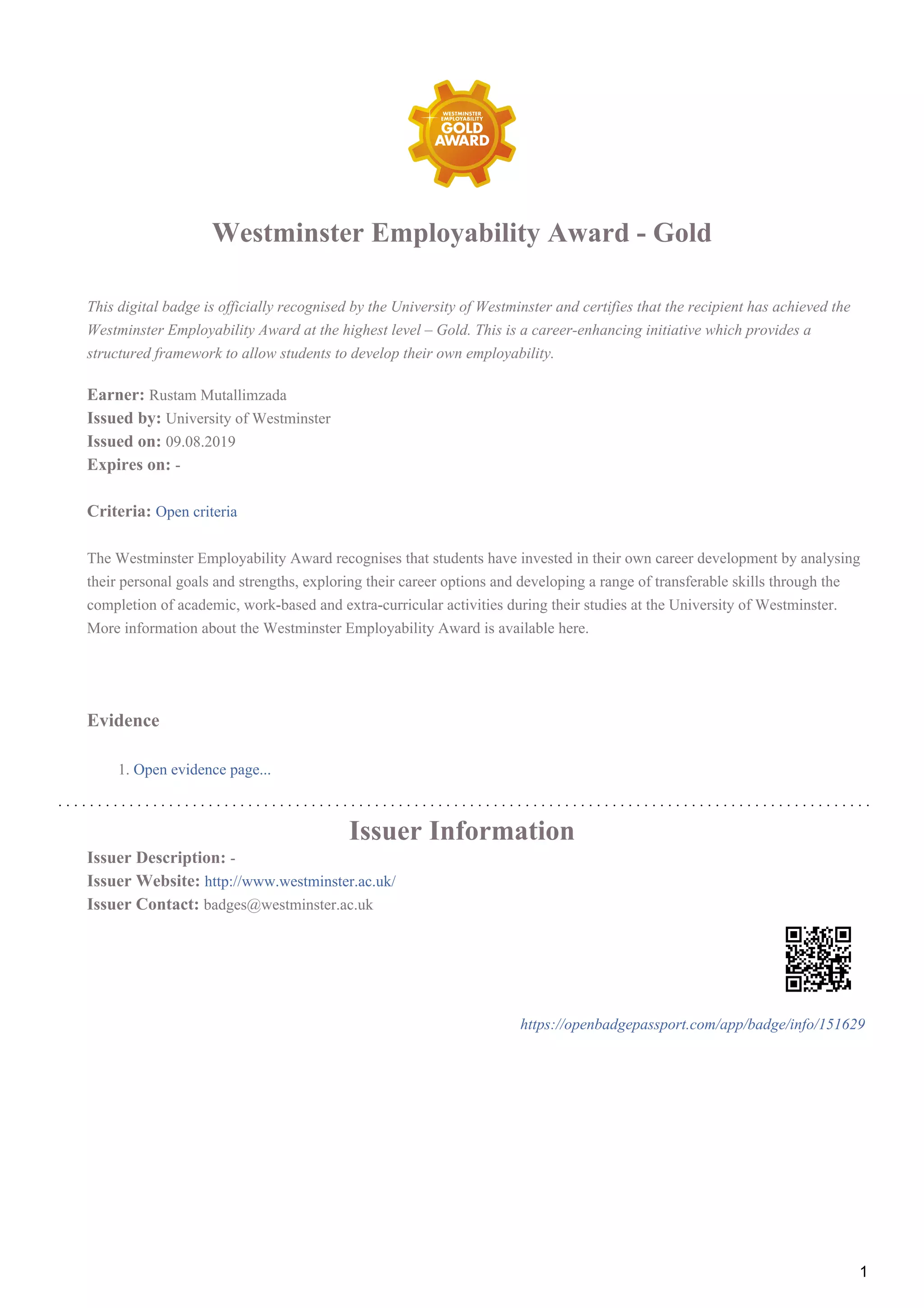 WESTMINSTER EMPLOYABILITY AWARD - GOLD | PDF