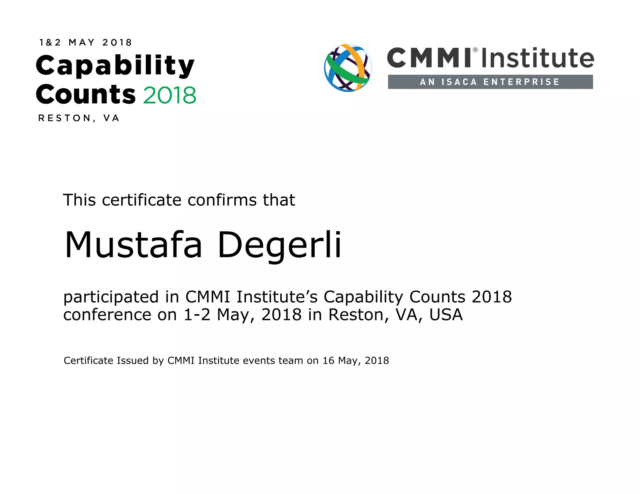 Mustafa Degerli - 2018 - CMMI Institute - Capability Counts 2018 Certificate | PPT