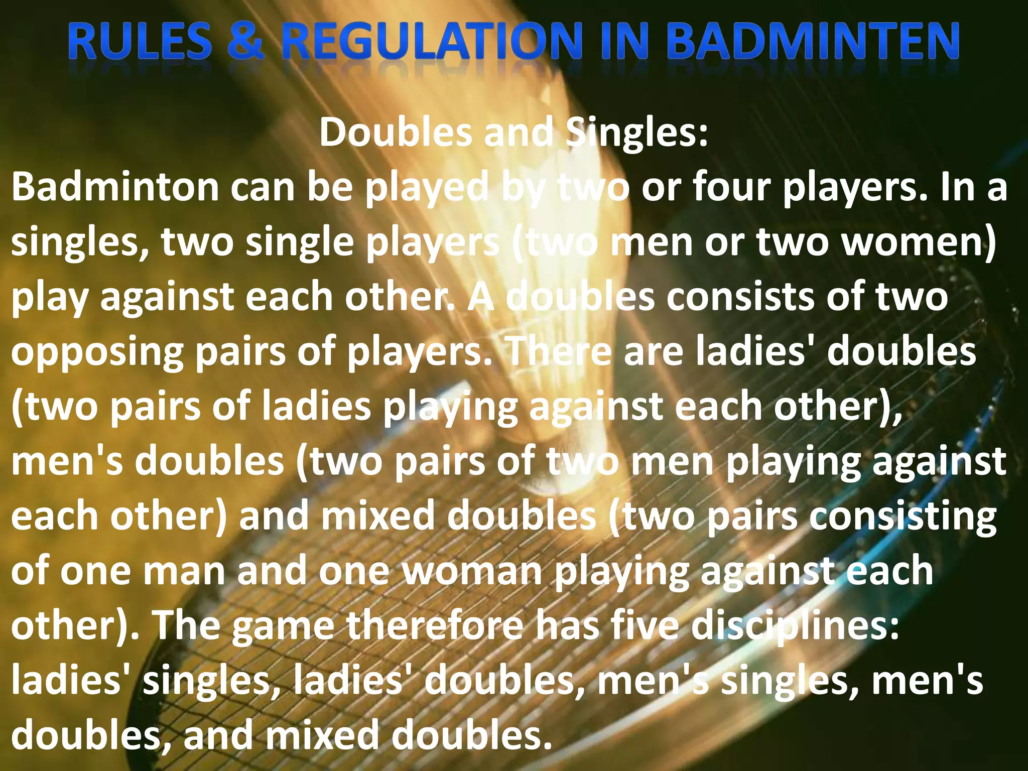 court dimension and rules and regulation of Badminton | PPTX