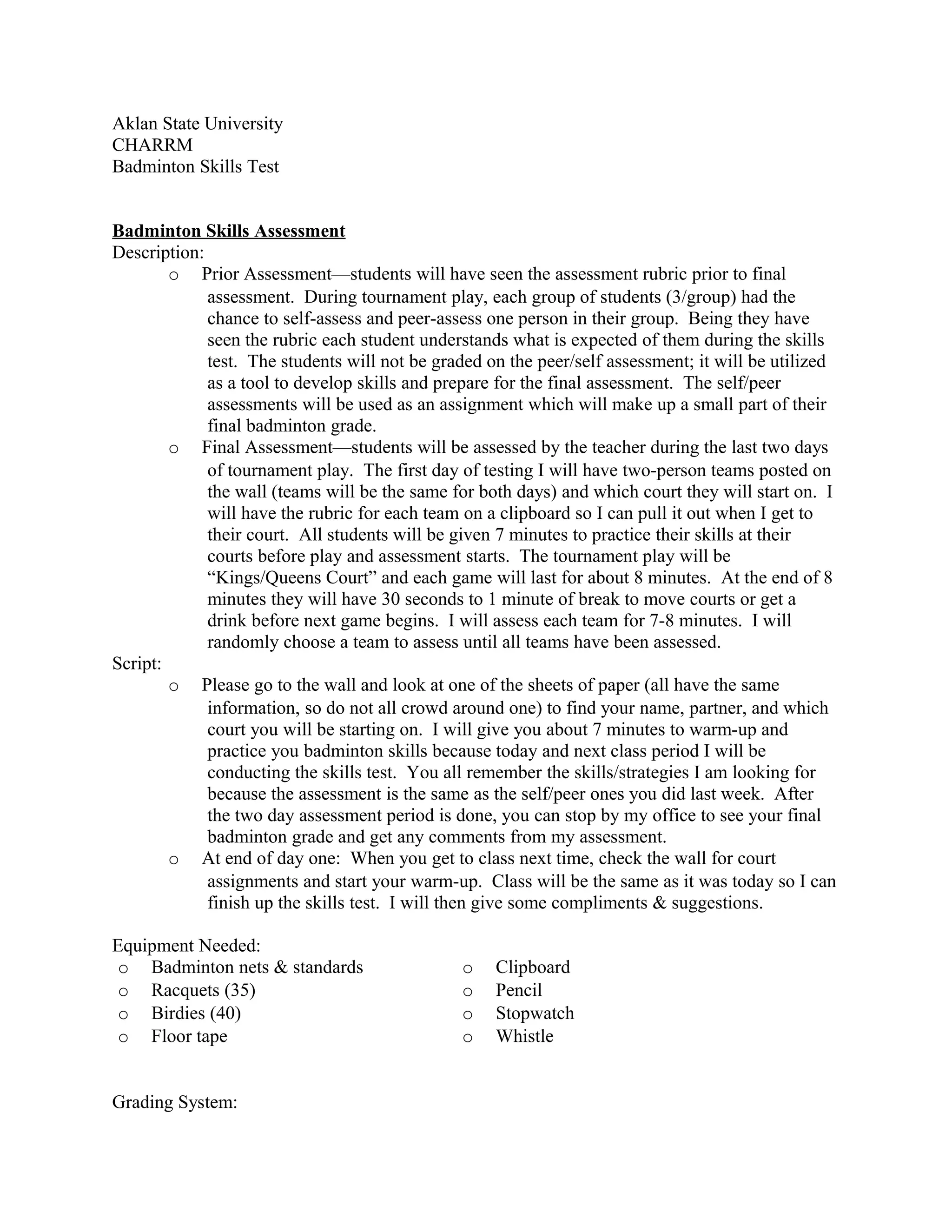 Badminton skills test | DOC