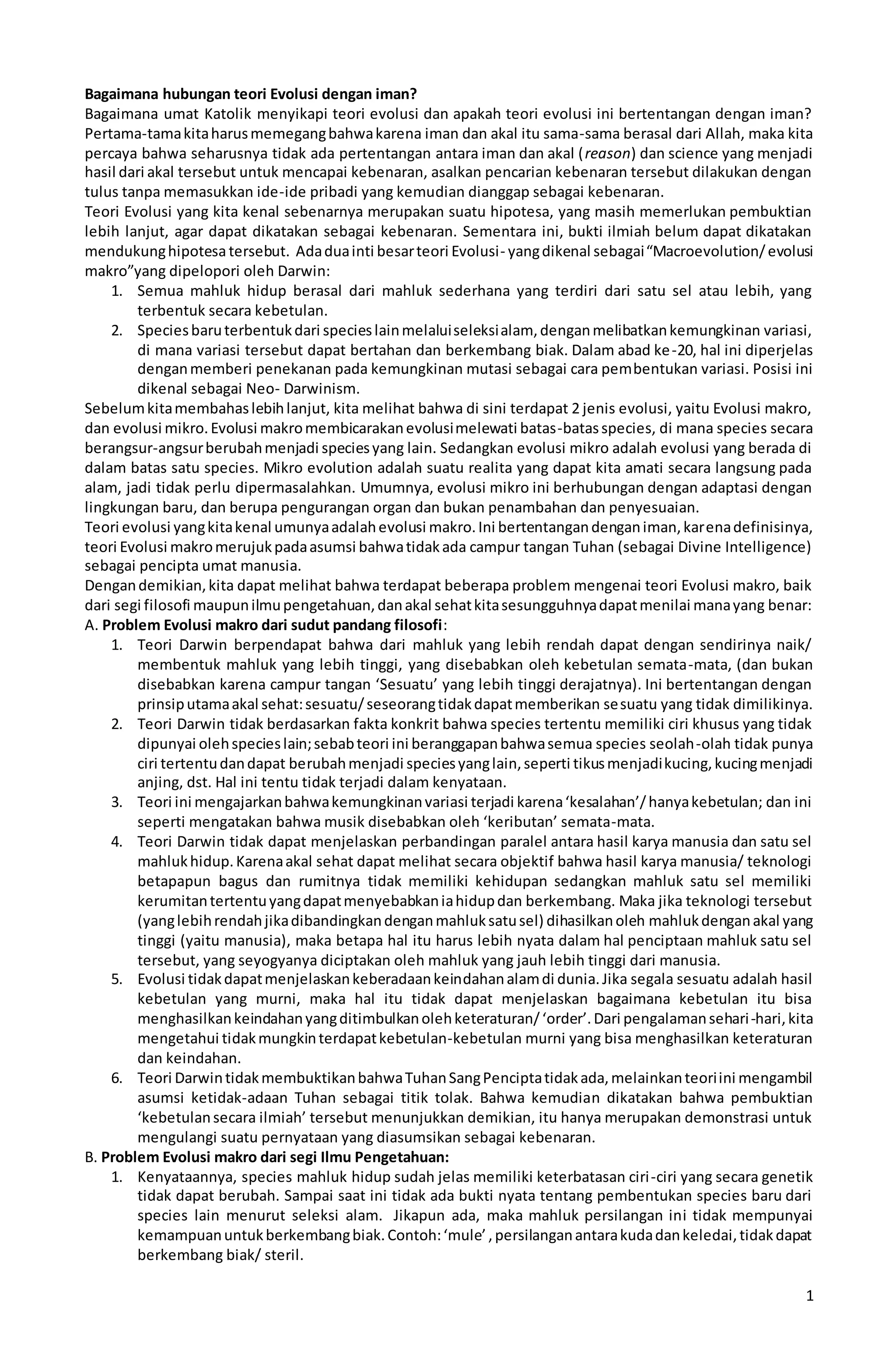 Bagaimana hubungan teori evolusi dengan iman katolik | DOCX