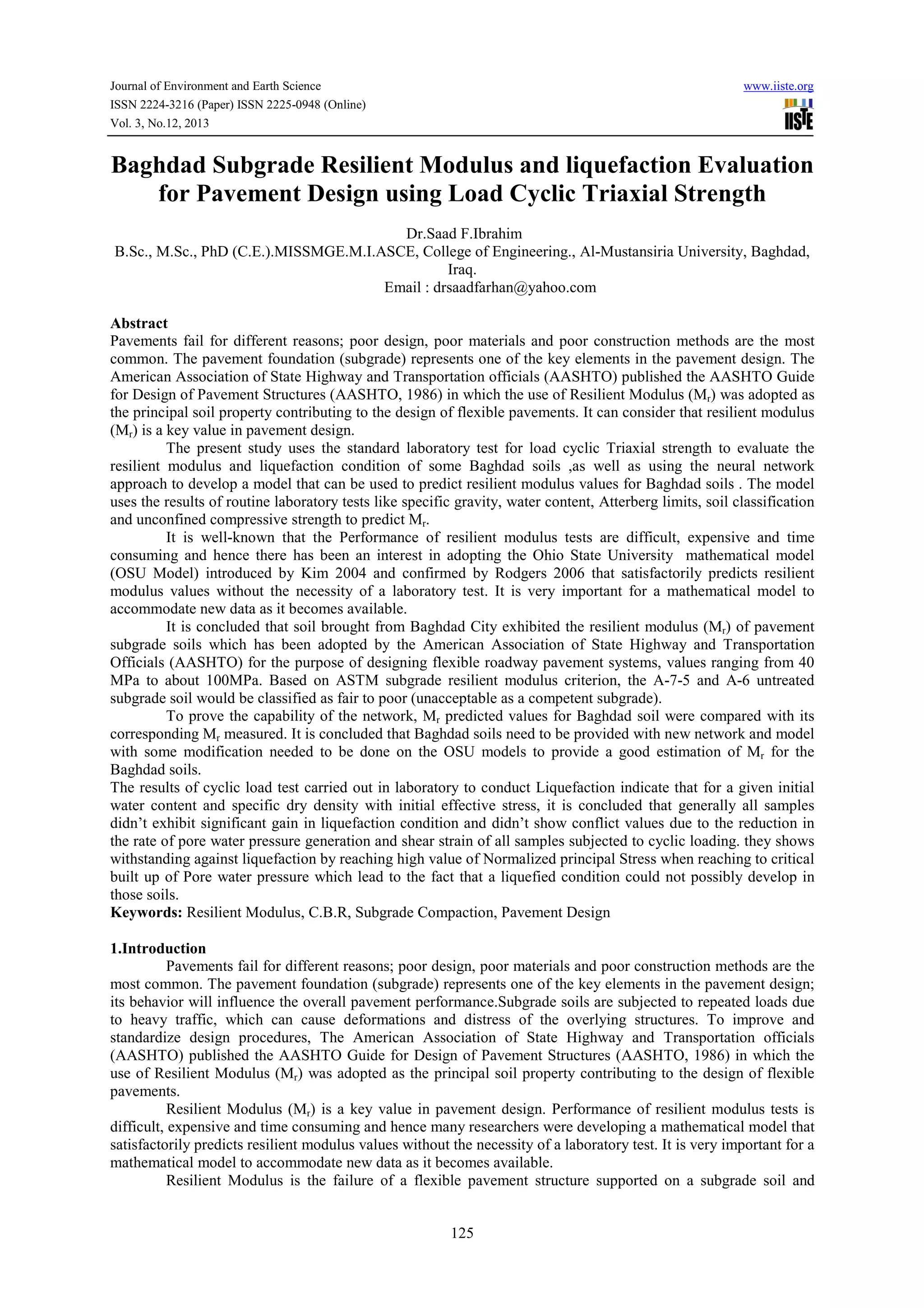 Baghdad Subgrade Resilient Modulus And Liquefaction Evaluation For Pavement Design Using Load
