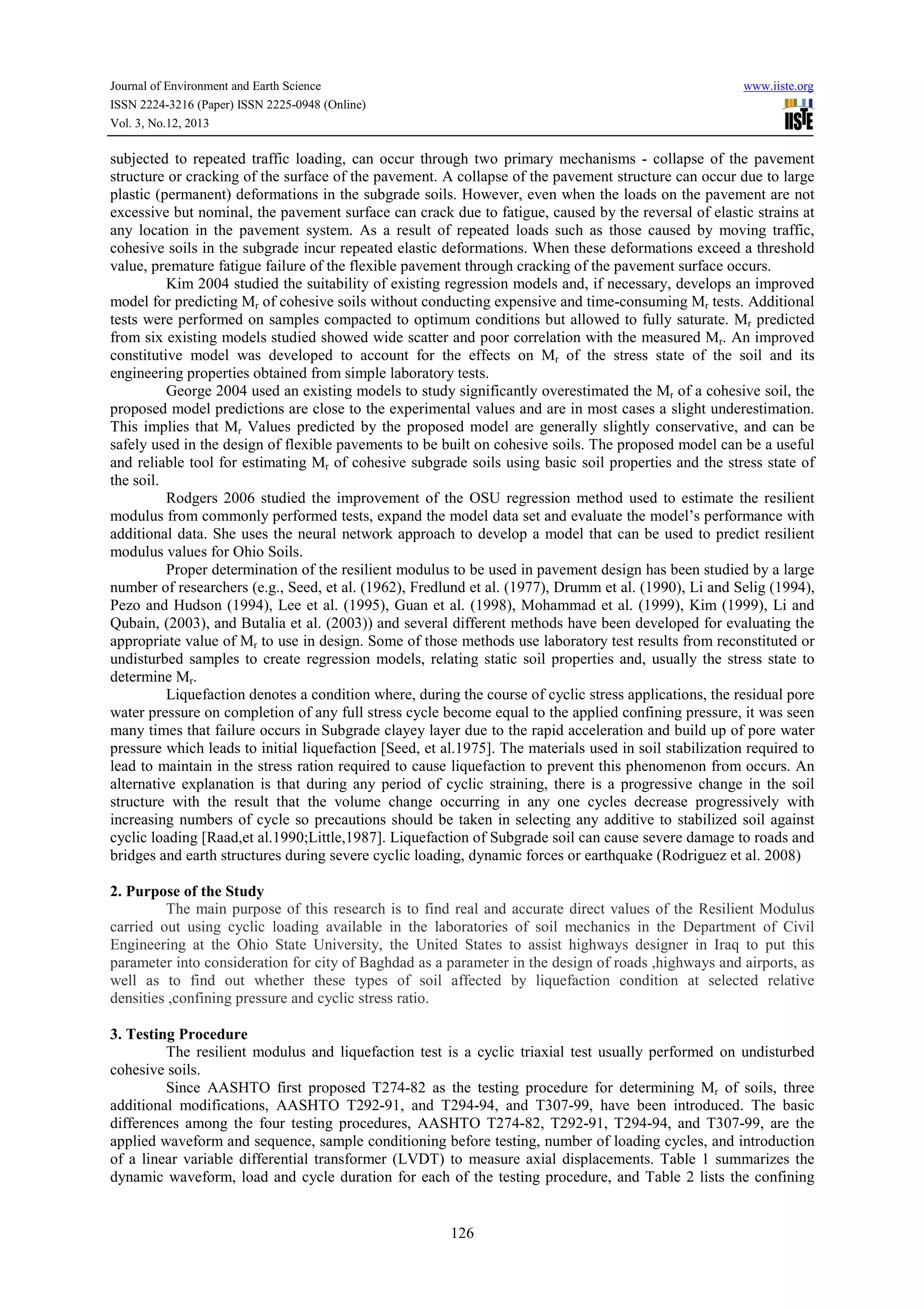 Baghdad Subgrade Resilient Modulus And Liquefaction Evaluation For Pavement Design Using Load