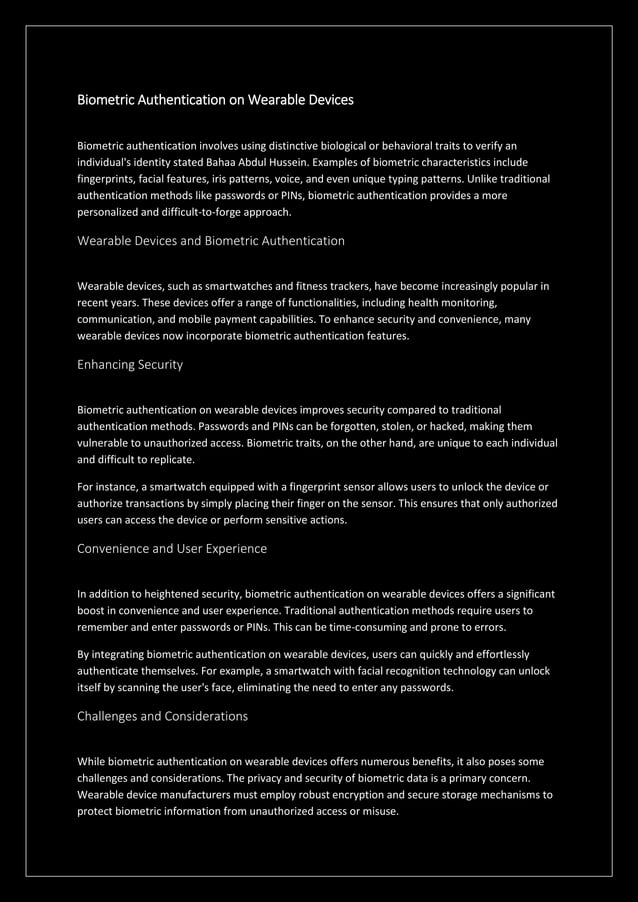 Biometric Authentication on Wearable Devices | PDF