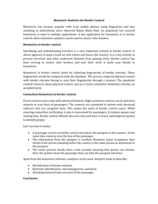 Biometric Analytics for Border Control.. | DOCX